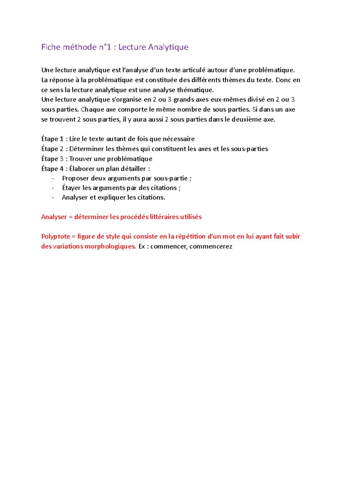 1 Lecture analytique - ... - Fiche méthode n°1 : Lecture Analytique Une ...