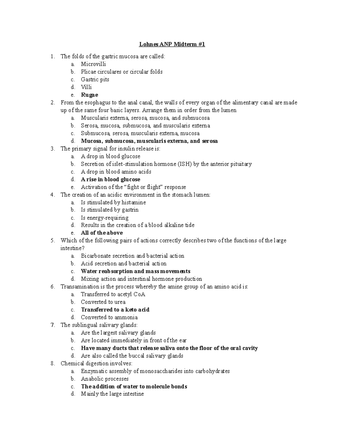 Lohnes ANP Midterm #1 - Practice questions, for digestive system unit ...