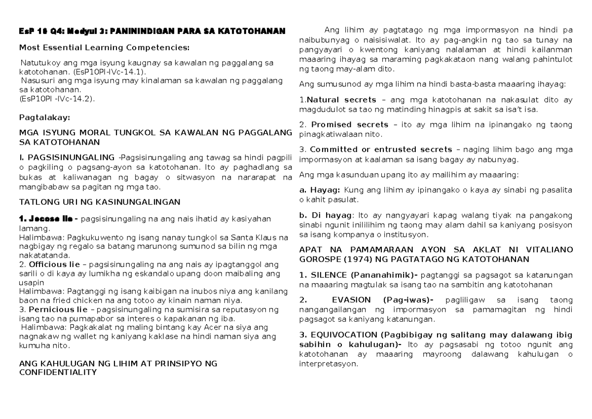 Es P-10 Q4 Modyul-3-outline - EsP 10 Q4: Modyul 3: PANININDIGAN PARA SA KATOTOHANAN Most ...