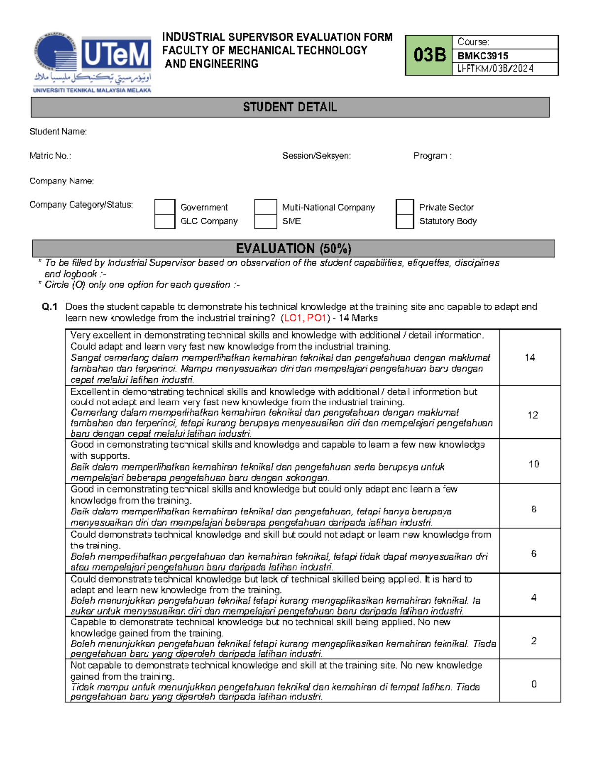 Borang LI-FKM-03B-2024 Industrial Supervisor - INDUST RIAL SUPERVISOR ...