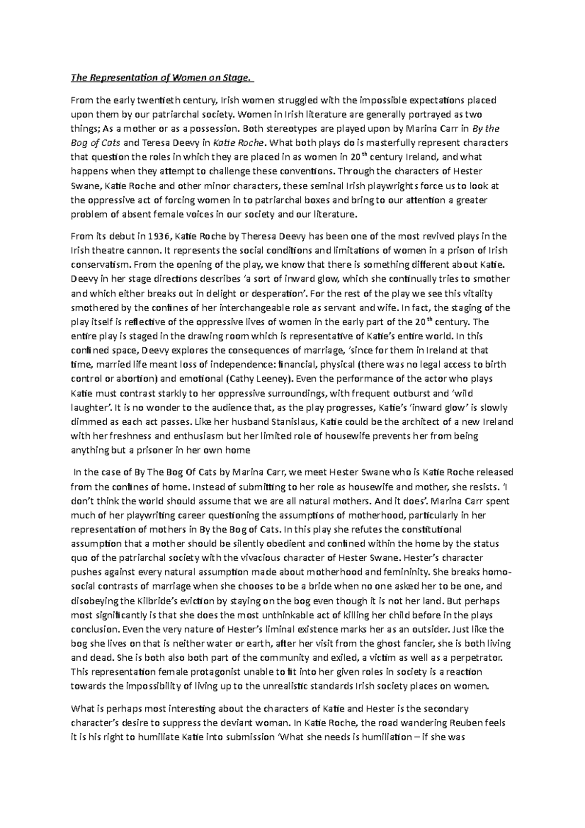 The Representation of Women on Stage - Essay - The Representation of ...