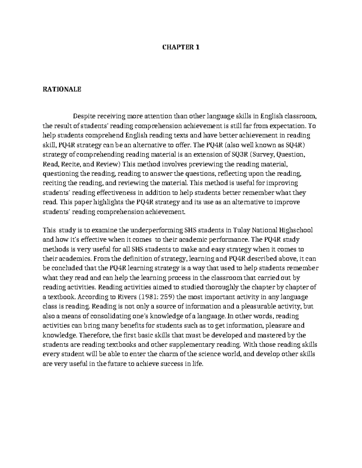 Chapter 1 Drafts 2 - PQ4r - CHAPTER 1 RATIONALE Despite receiving more ...