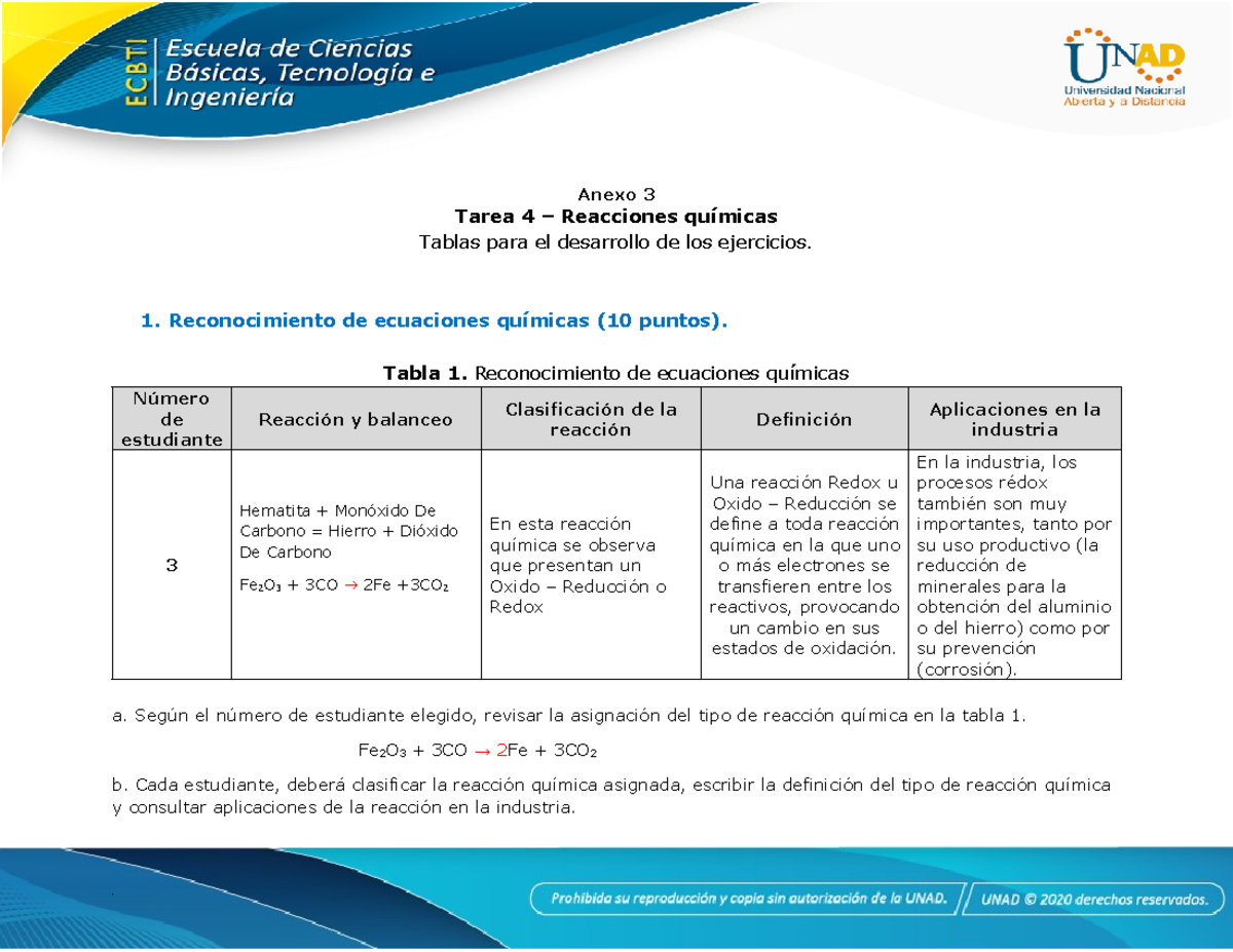 2. Anexo 3 Tarea 4 – Reacciones químicas - Anexo 3 Tarea 4 – Reacciones químicas Tablas para el ...