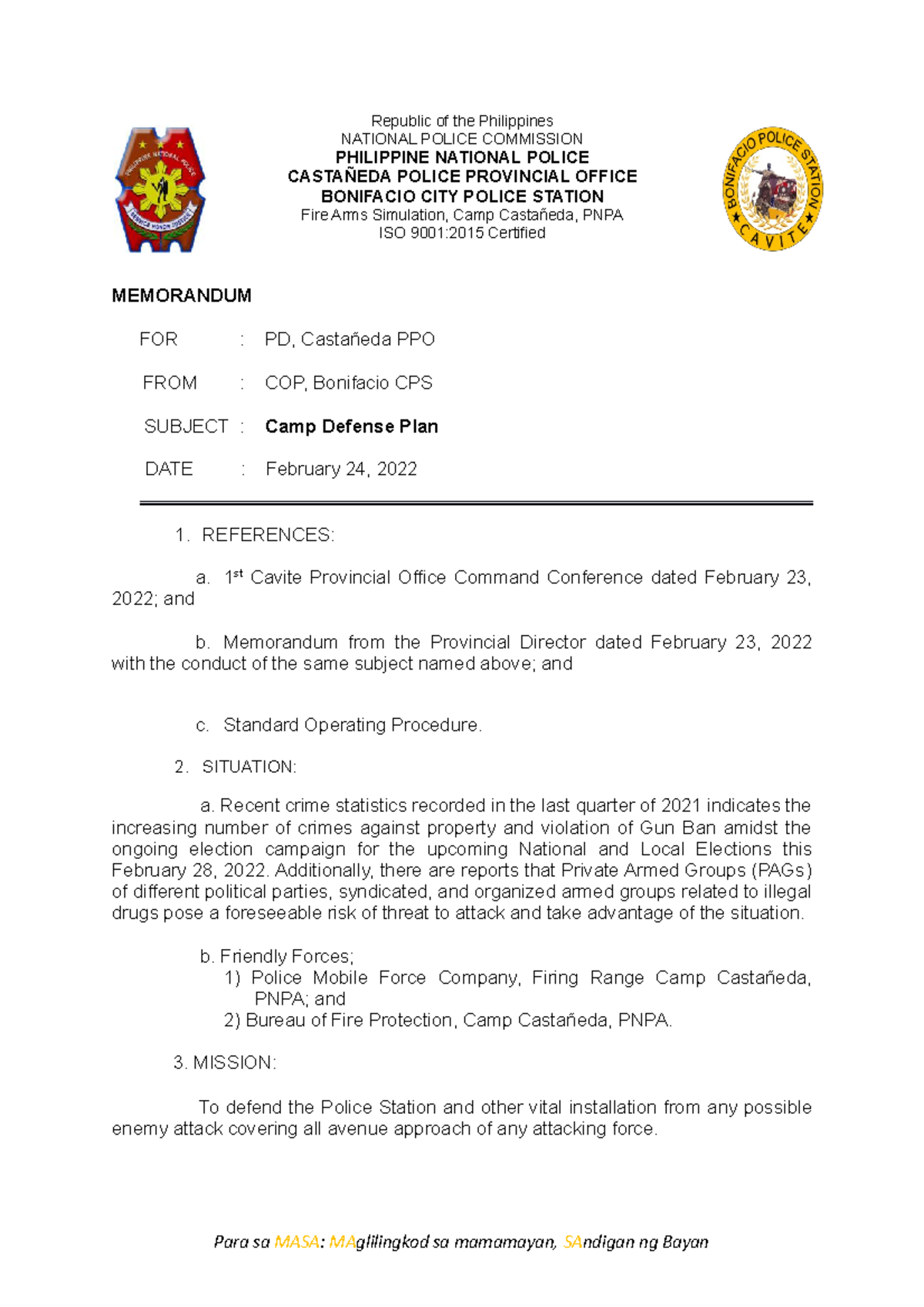 Camp defense plan - Republic of the Philippines NATIONAL POLICE ...