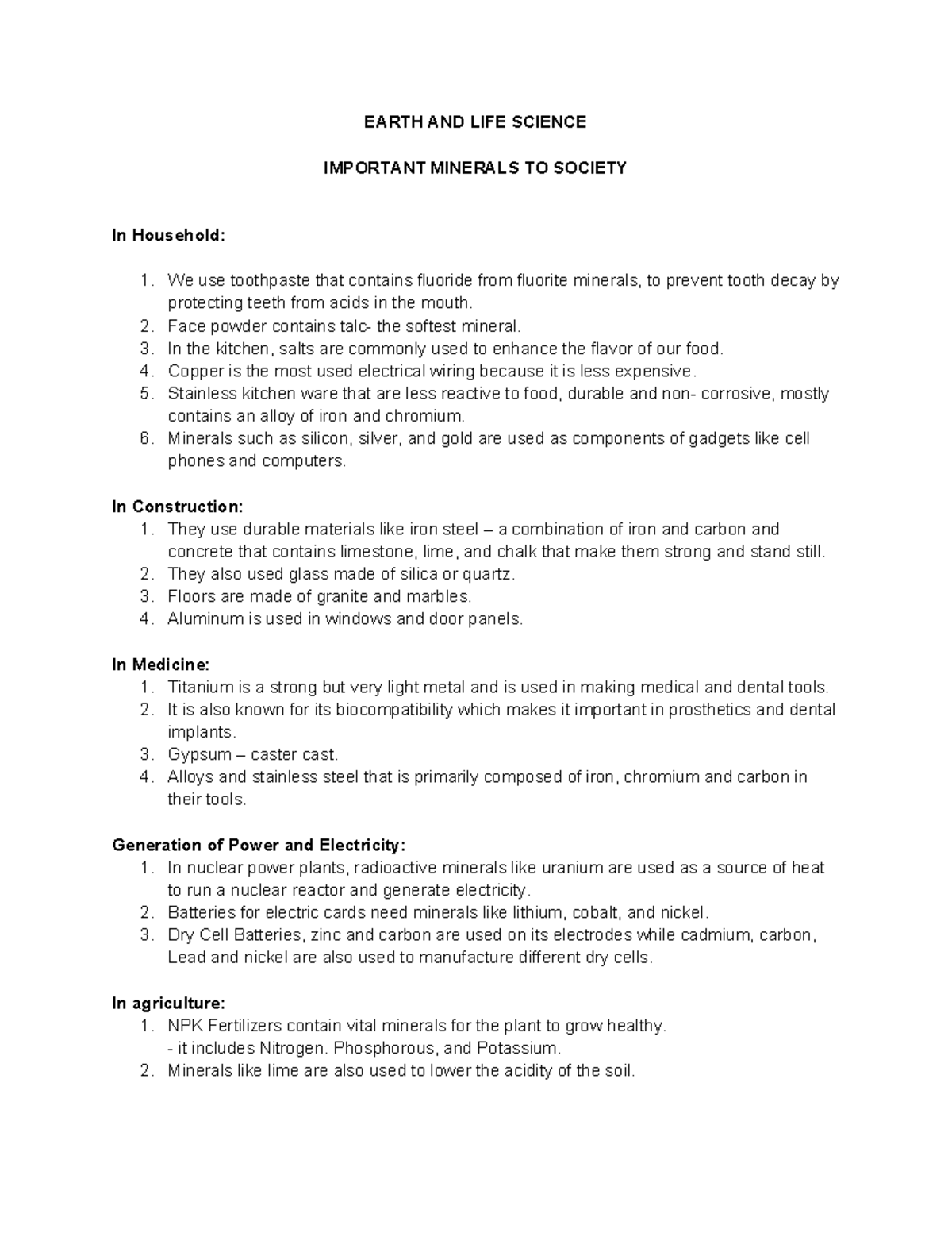 Earth AND LIFE Science - EARTH AND LIFE SCIENCE IMPORTANT MINERALS TO ...