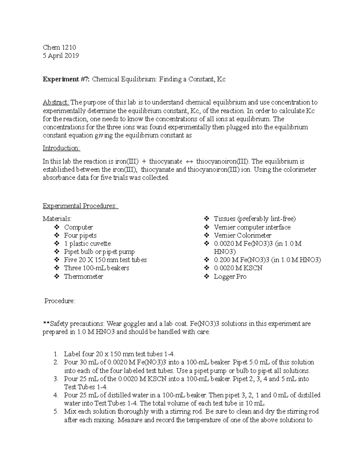 Chem lab 7 - Chemistry 1210 Lab report containing an abstract ...