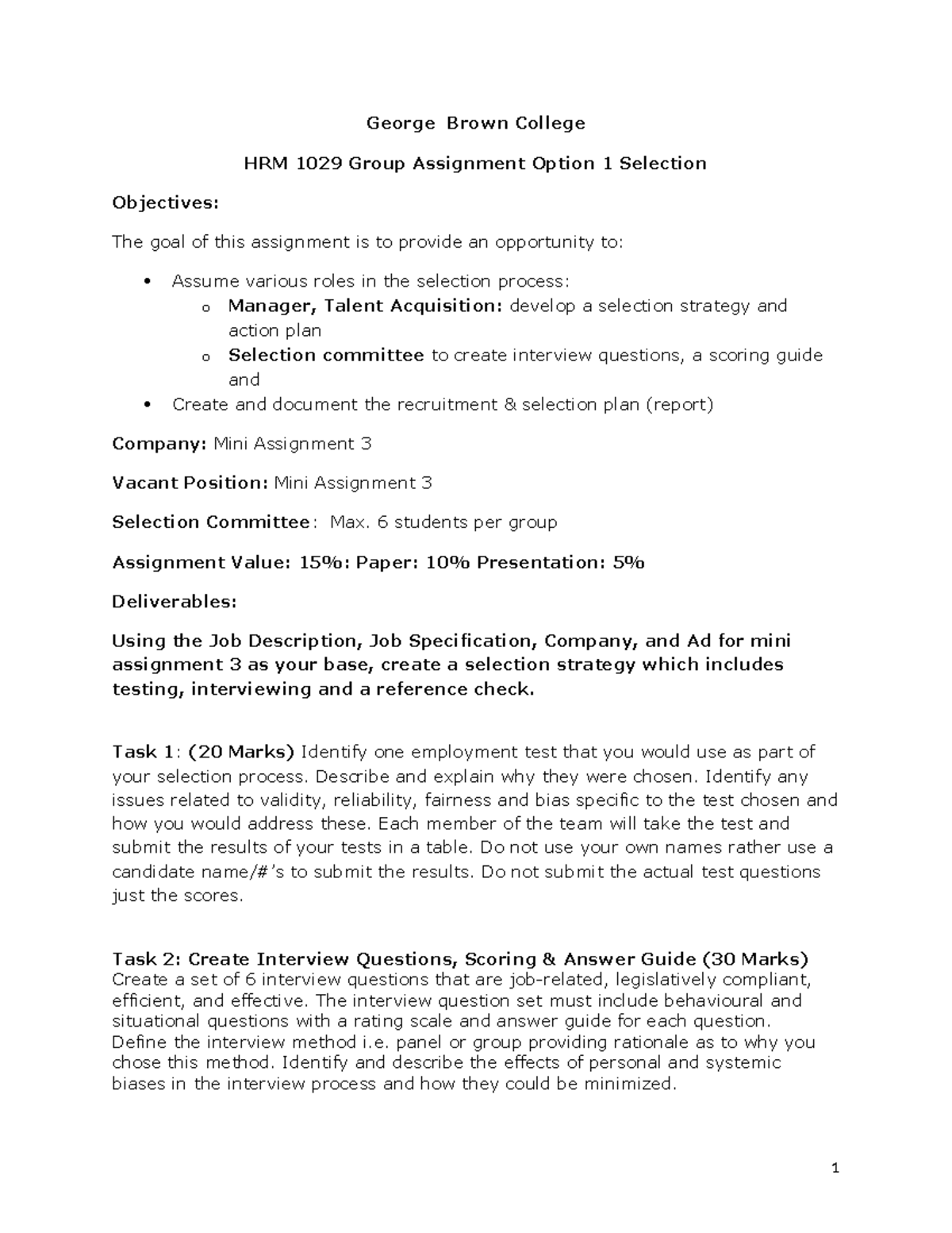 HRM1029 Group Assignment Option 1 Selection - George Brown College HRM 1029 Group Assignment ...