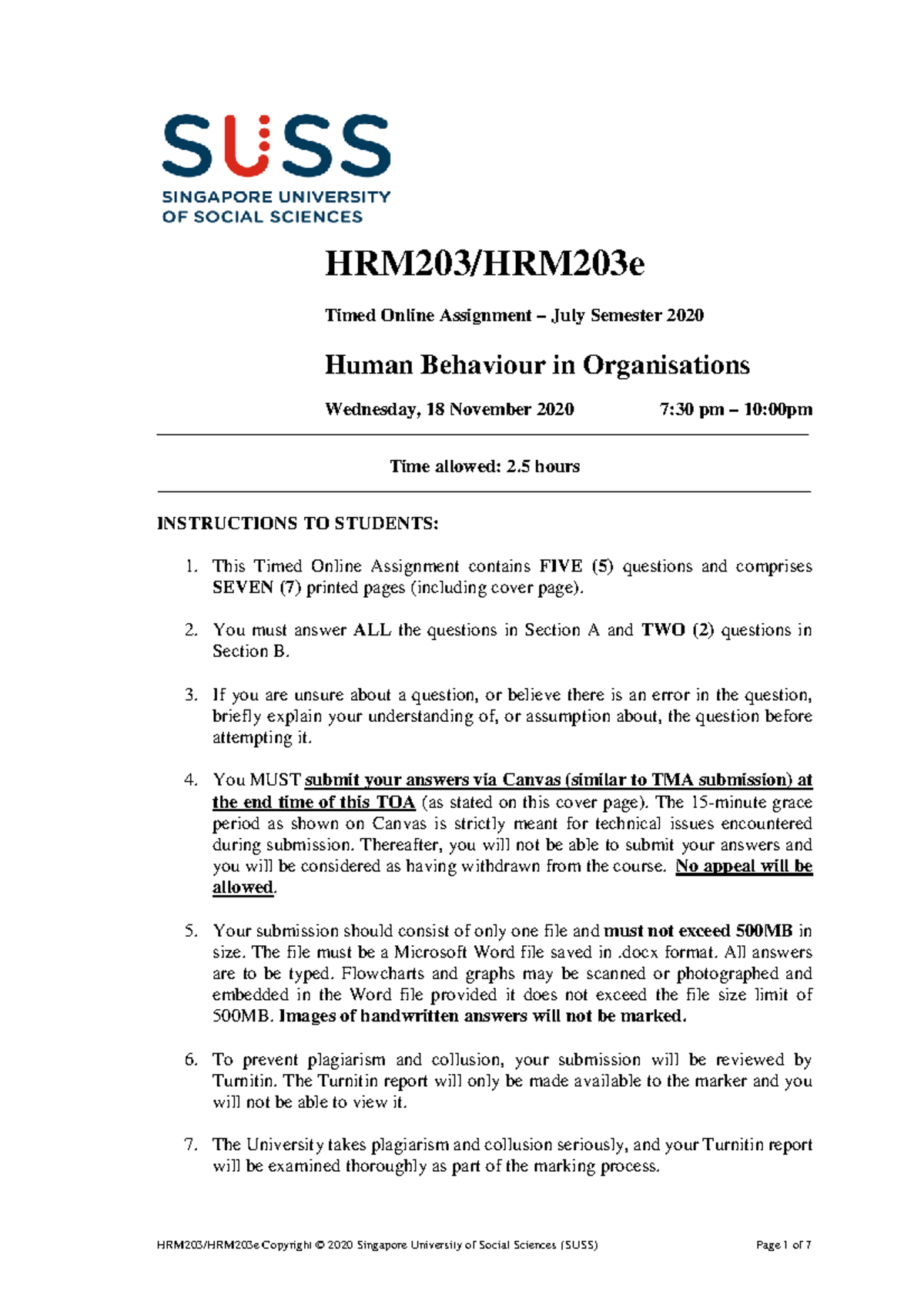 HRM203 JUL 2020 Exam Paper - HRM203/HRM203e Timed Online Assignment ...