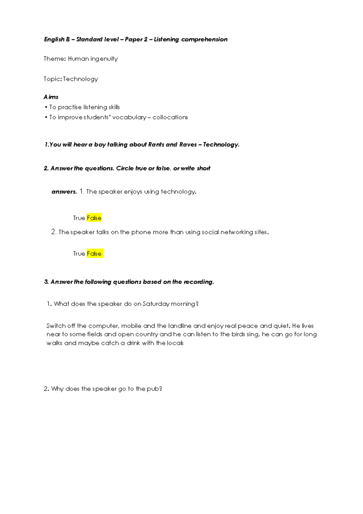 Listening Task SL - HL - It contains notes from the section A-D ...