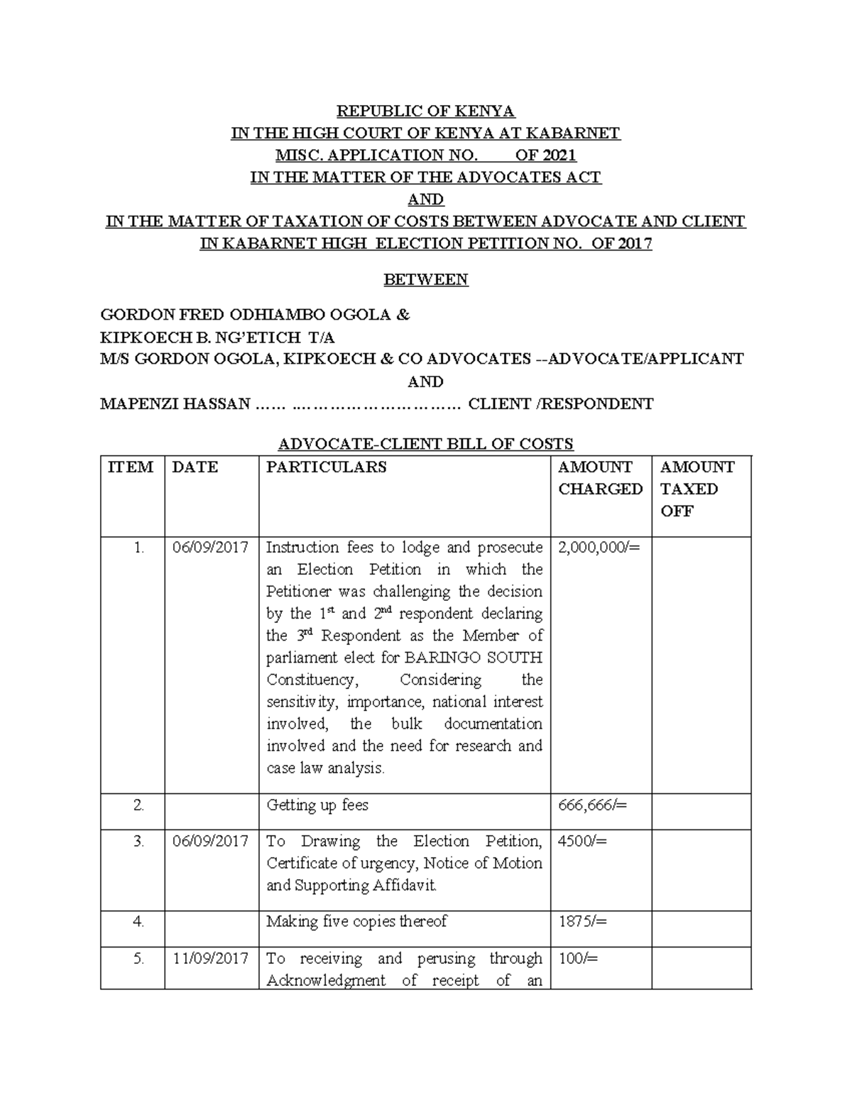 Advocate- Client BILL OF Costs - REPUBLIC OF KENYA IN THE HIGH COURT OF ...