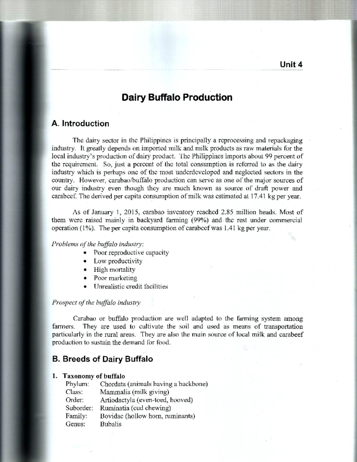 Chapter 4. Dairy Buffalo Production - Unit 4 Dairy Buffalo Production A ...