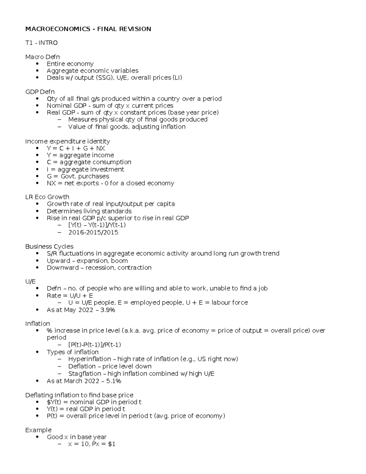 Macro Revision - MACROECONOMICS - FINAL REVISION T1 - INTRO Macro Defn Entire economy Aggregate ...