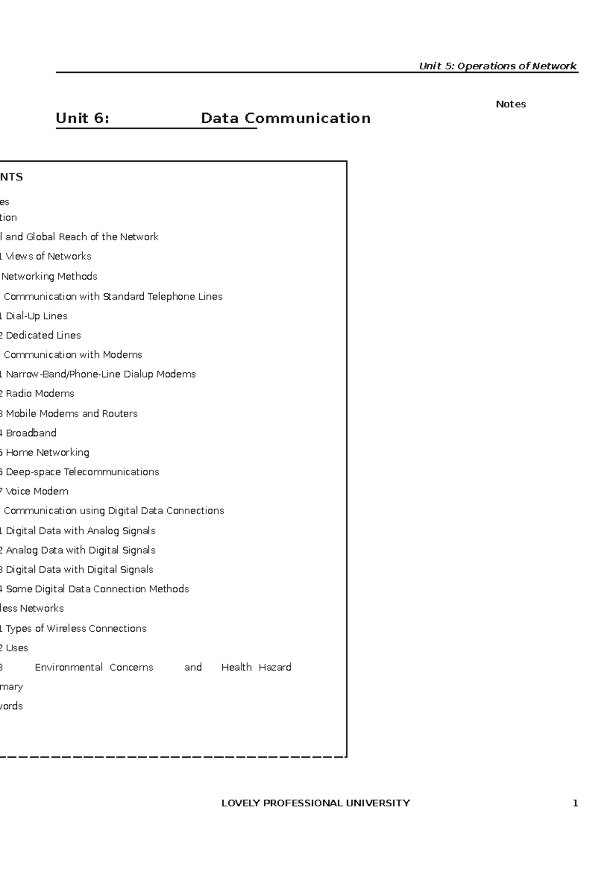 Unit 6 - Unit 5: Operations of Network Notes Unit 6: Data Communication ...