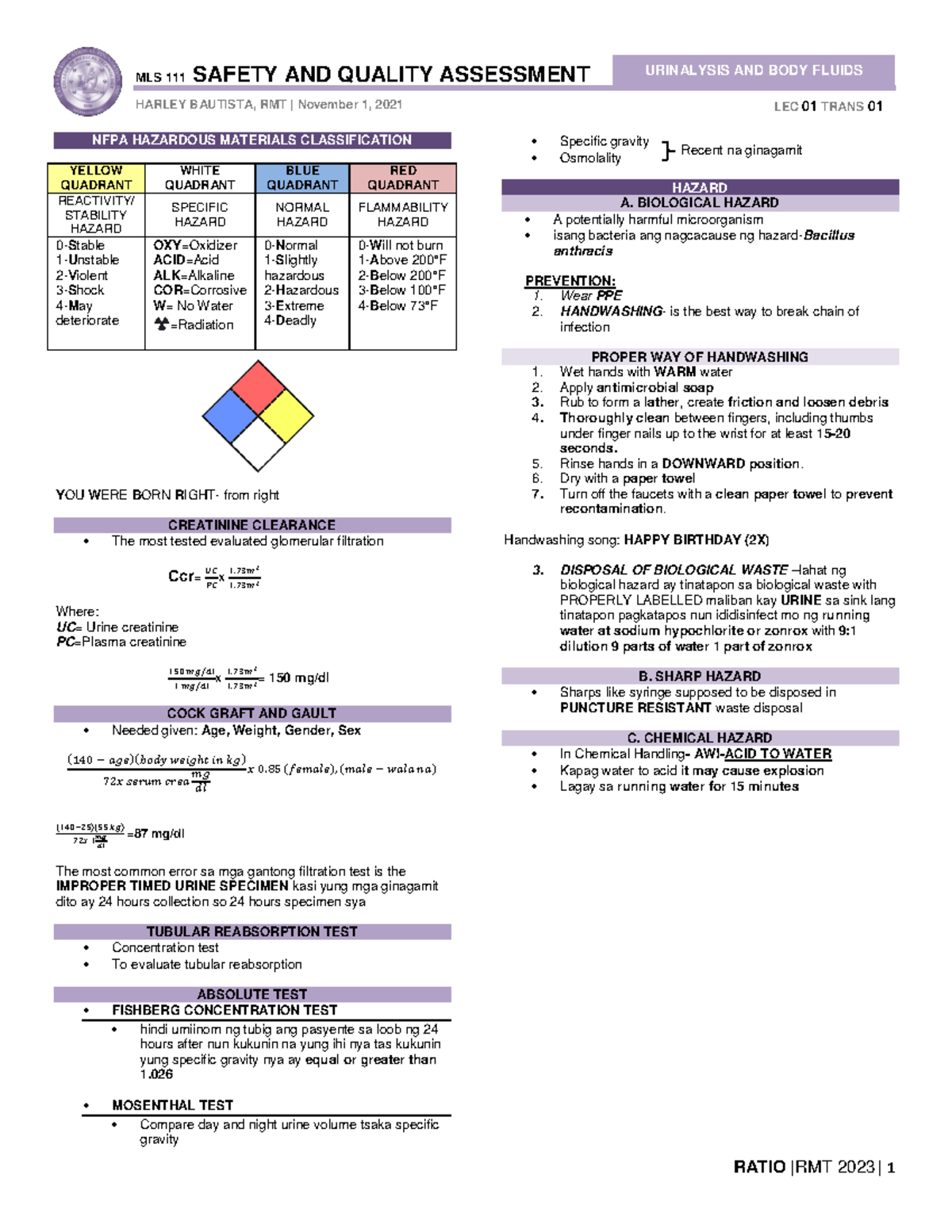 Combine aubf pdf ratio - Review - URINALYSIS AND BODY FLUIDS MLS 111 ...