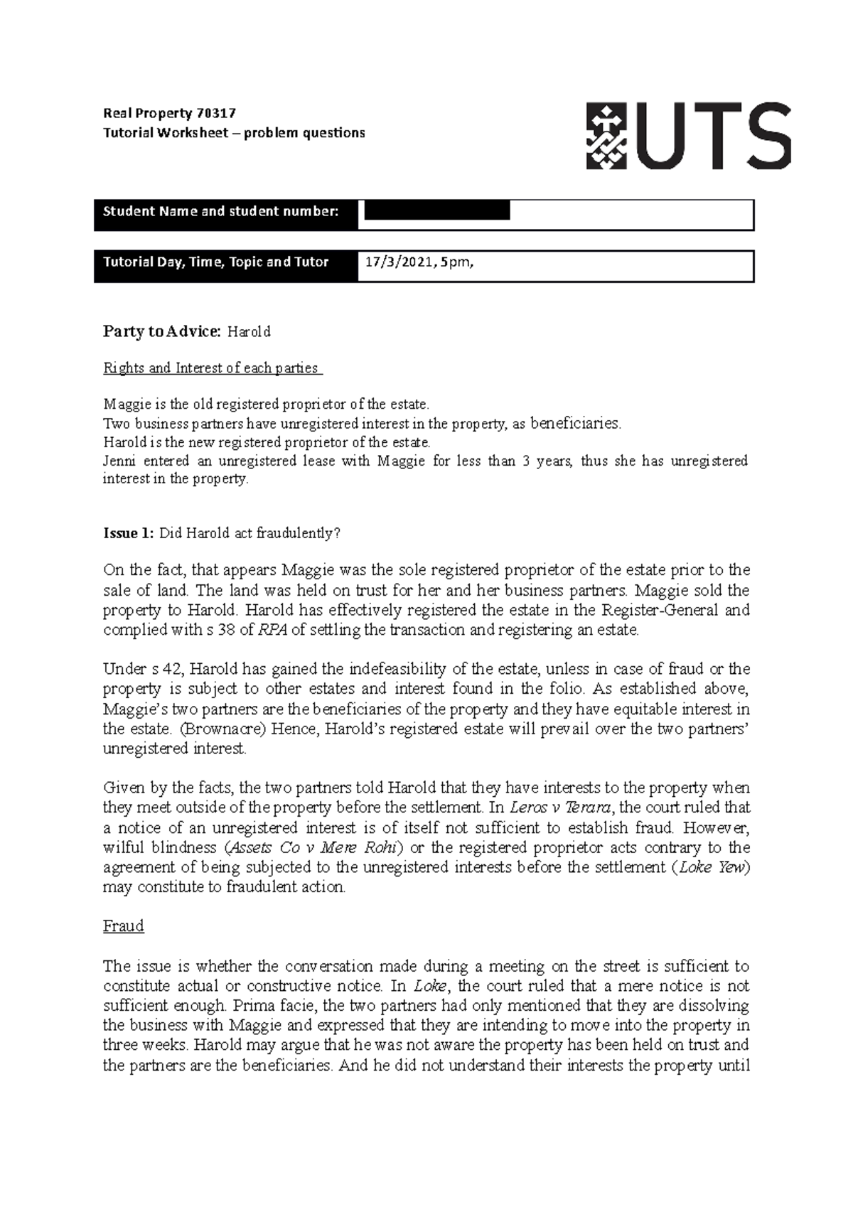 Tut 1 Prep Torrens I 5/6 - Real Property 70317 Tutorial Worksheet ...