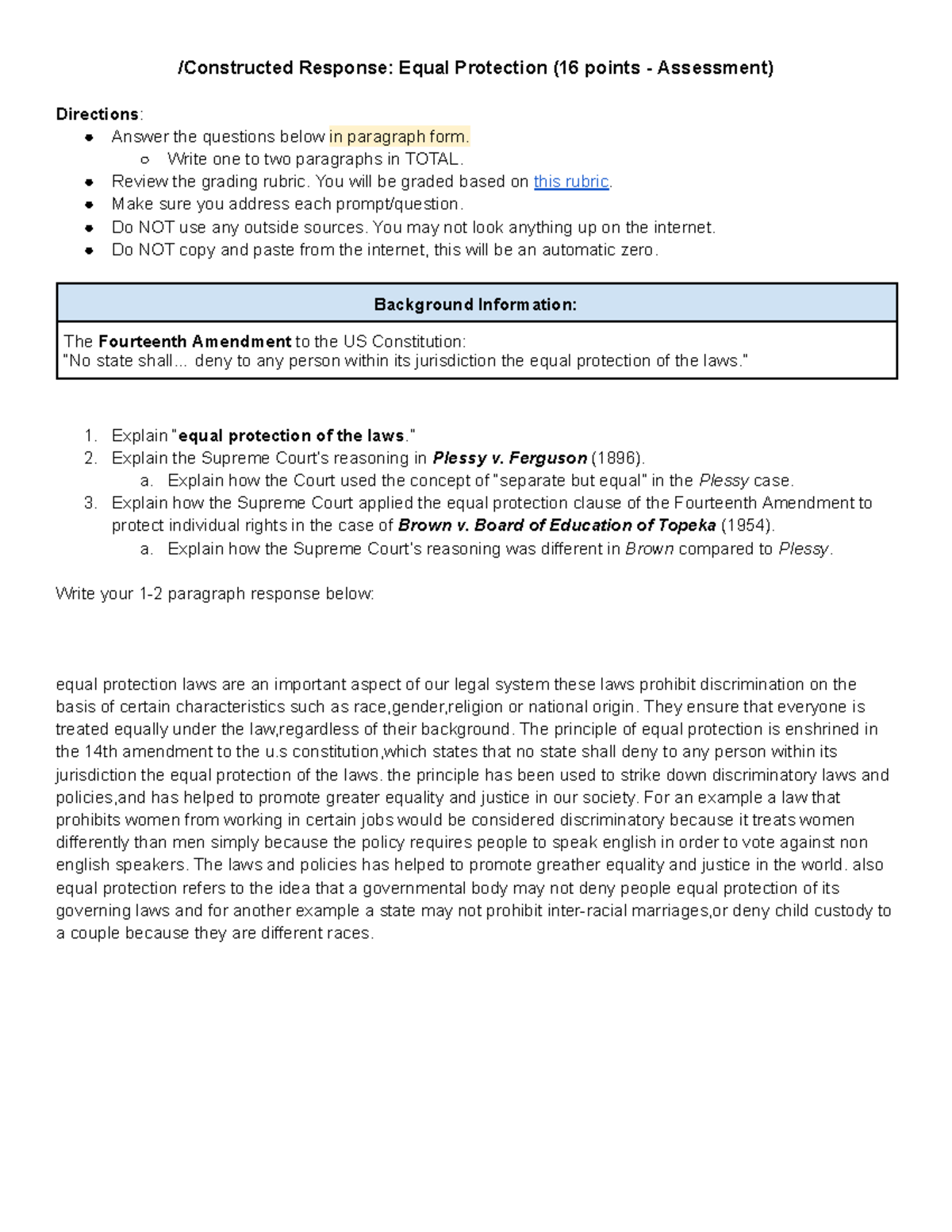 Constructed Response Equal Protection - Write one to two paragraphs in ...