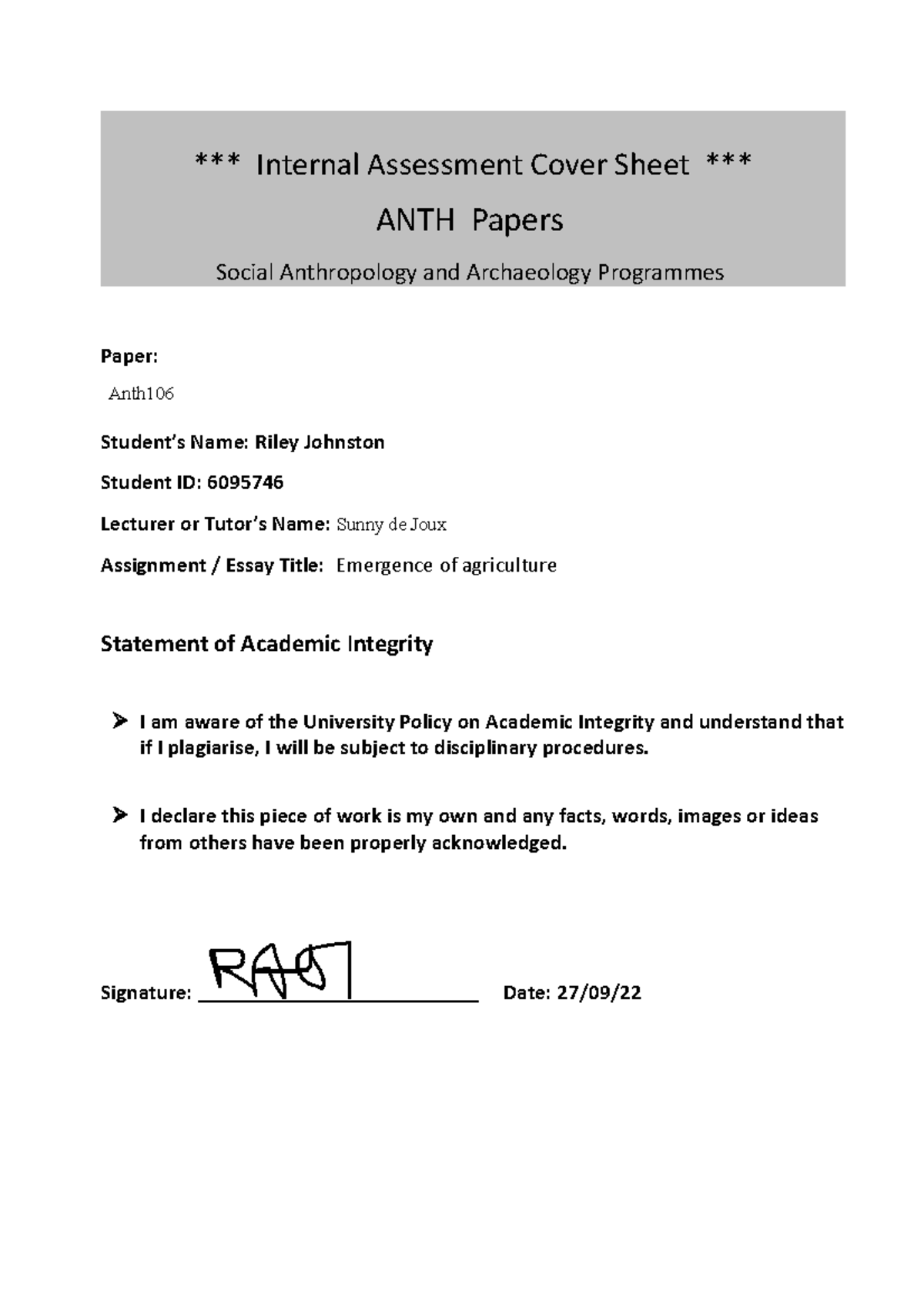 Anth essay agriculture - *** Internal Assessment Cover Sheet *** ANTH ...
