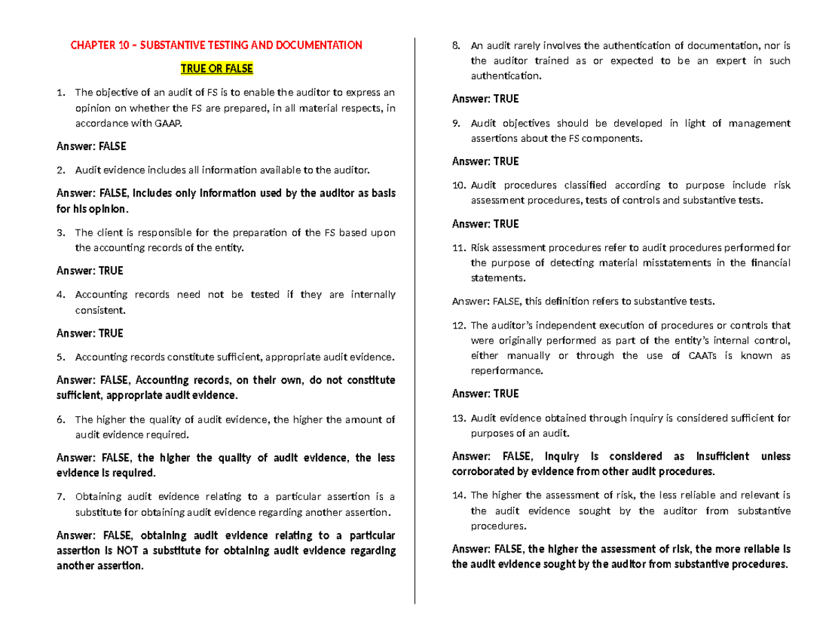 Ch10 11 TF MC Audprin Ireneo - CHAPTER 10 – SUBSTANTIVE TESTING AND ...
