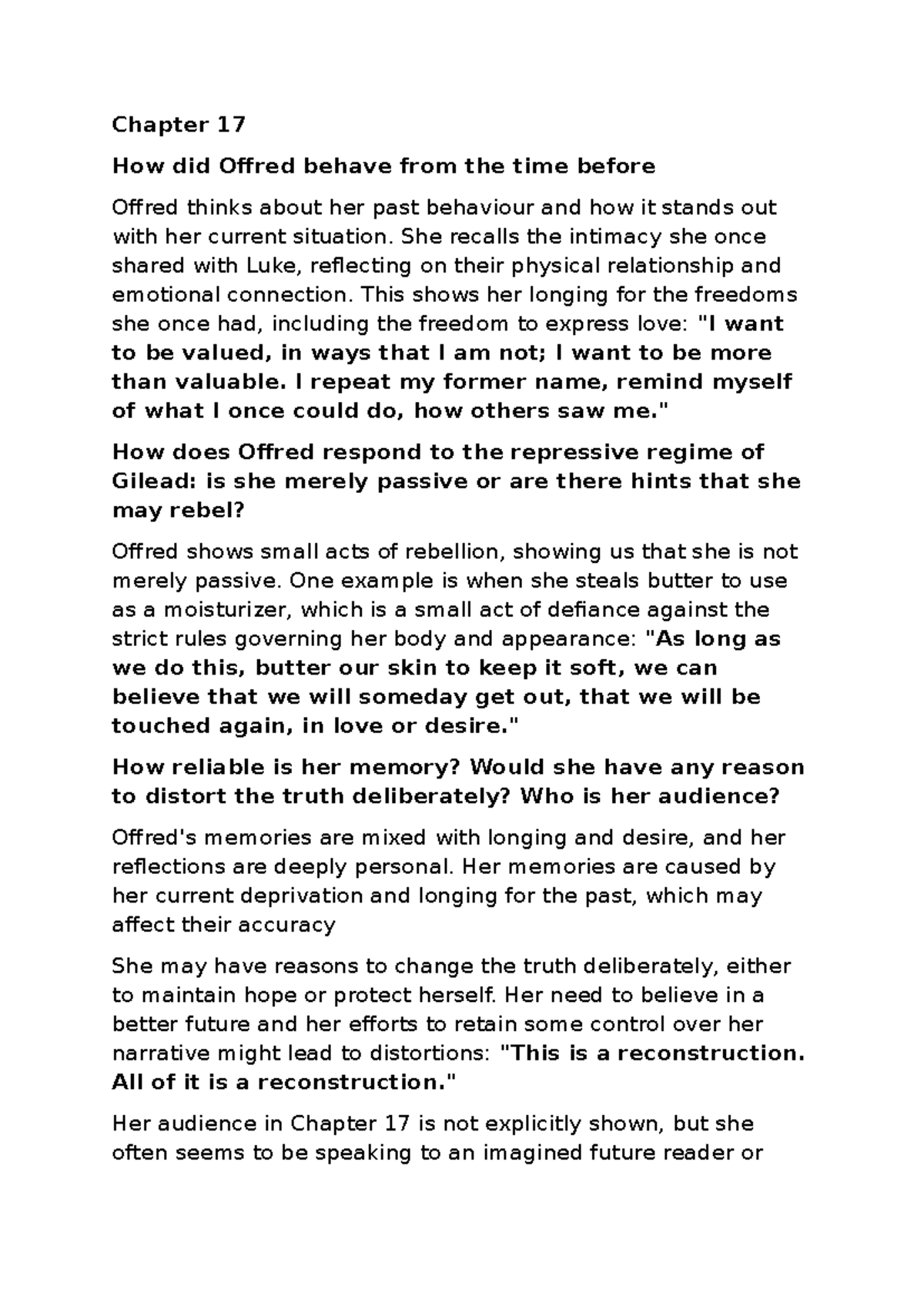 Handmaids Tale Chapter 17 to 24 questions and answers - Chapter 17 How ...