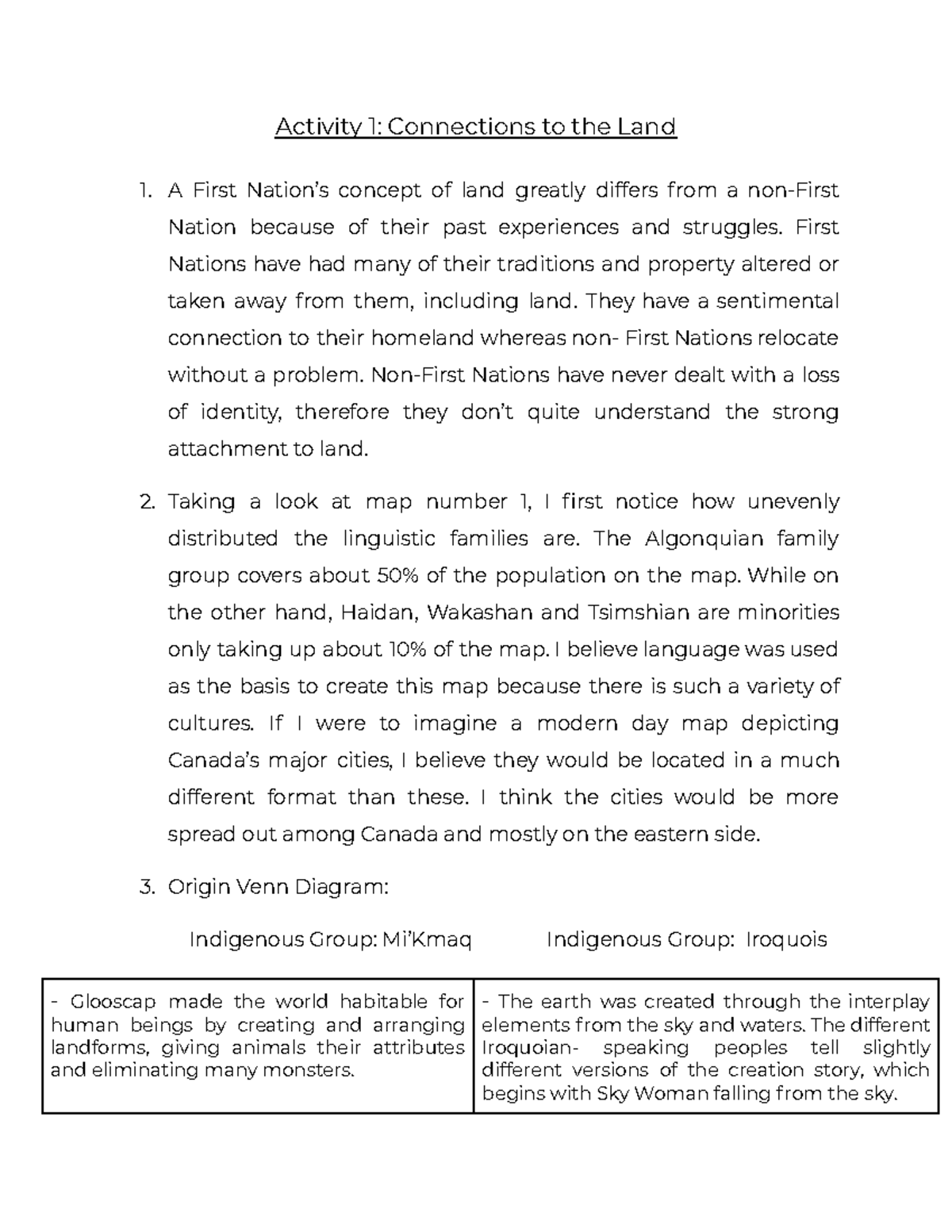 History 12 Activity 1 Connections to the Land - Activity 1: Connections ...