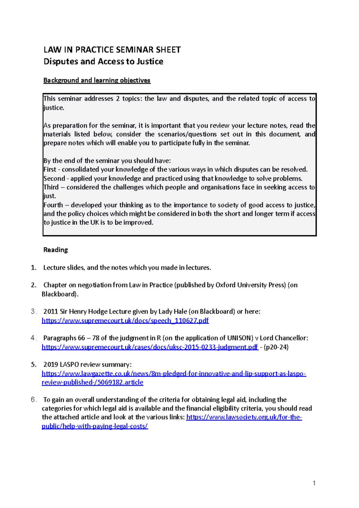 Seminar 3 - Sem 3 - LAW IN PRACTICE SEMINAR SHEET Disputes and Access ...