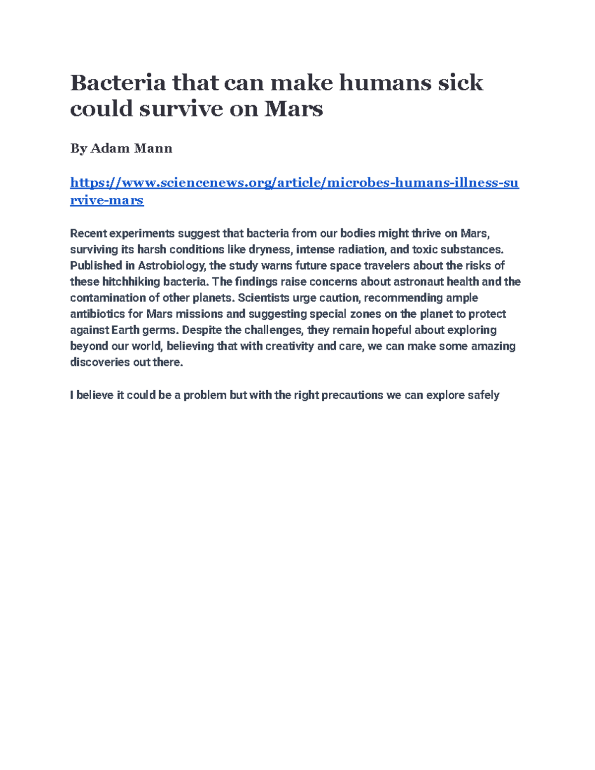 Article Submission #1 - Bacteria that can make humans sick could ...