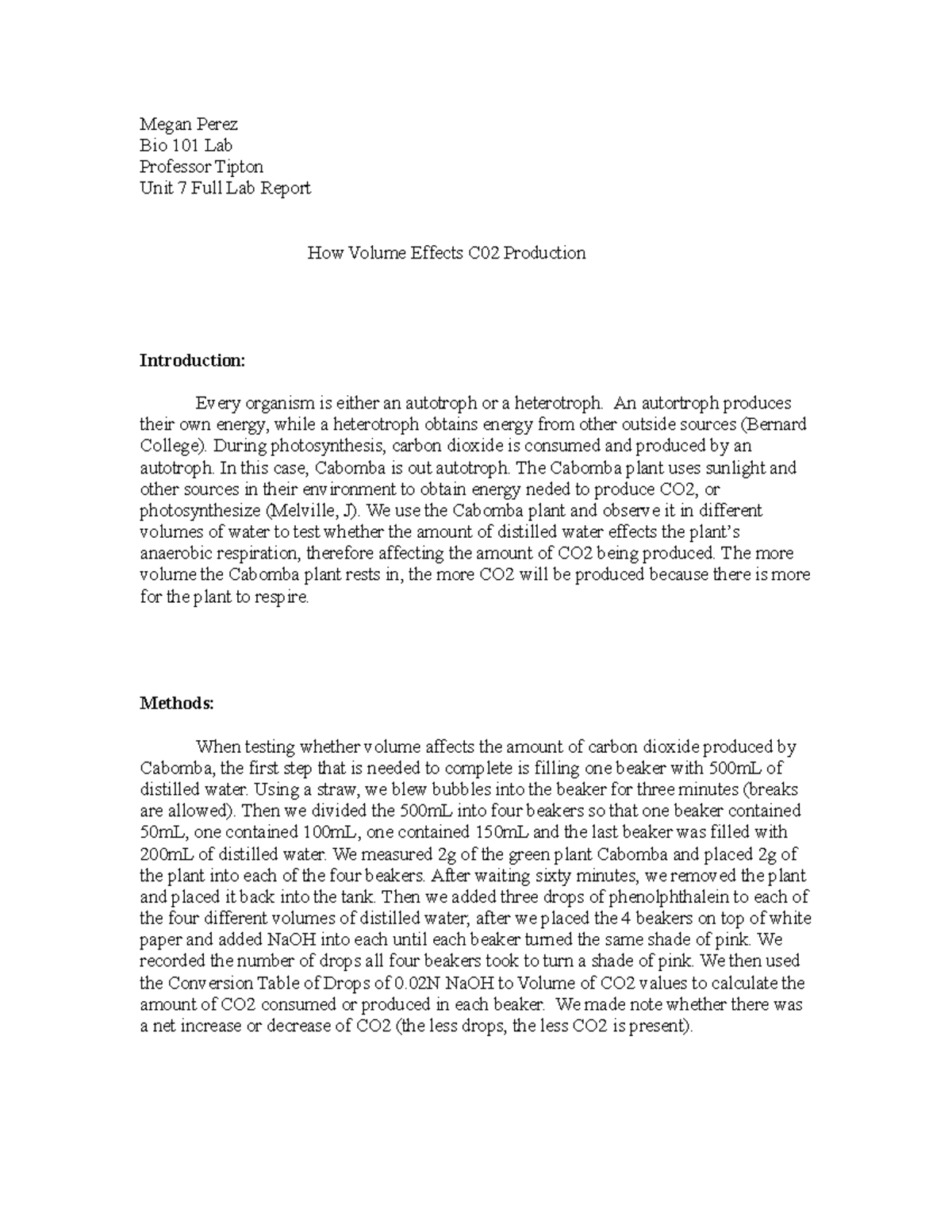 Bio 101 Lab Unit 7 Full Lab Report - Megan Perez Bio 101 Lab Professor ...