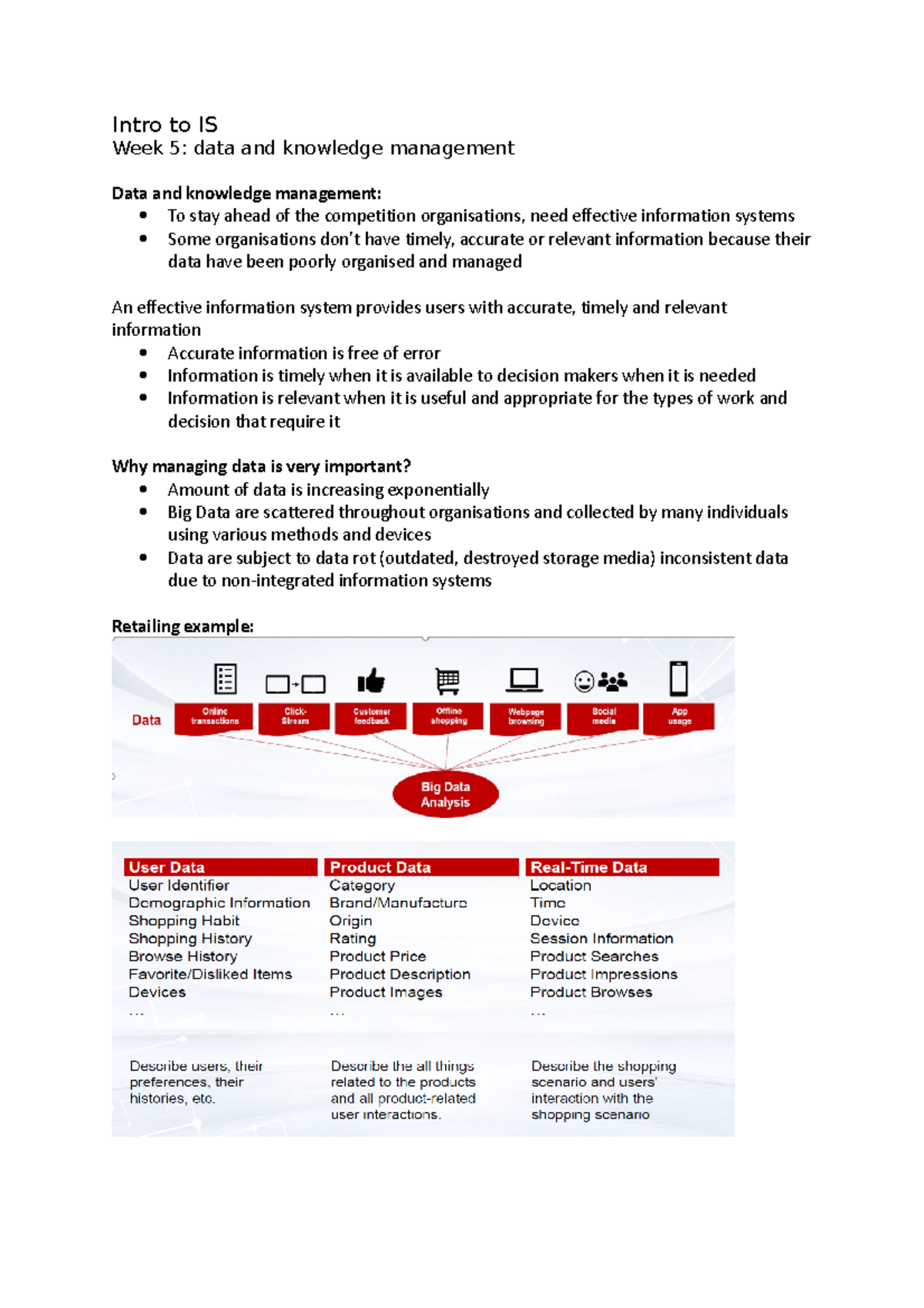 Week 5 - Data and Knowledge Management - Intro to IS Week 5: data and knowledge management Data ...
