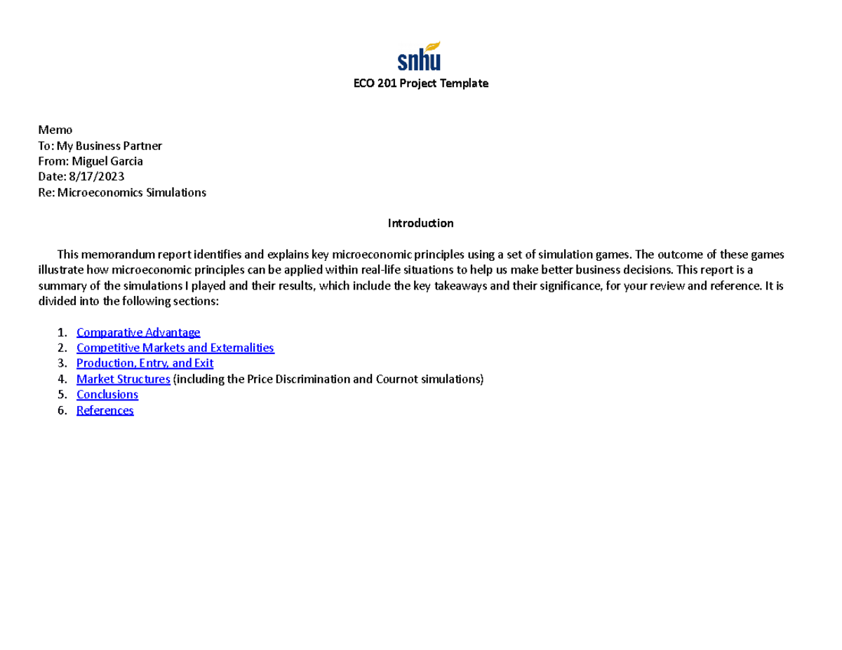 ECO 201 Project Template - ECO 201 Project Template Memo To: My ...