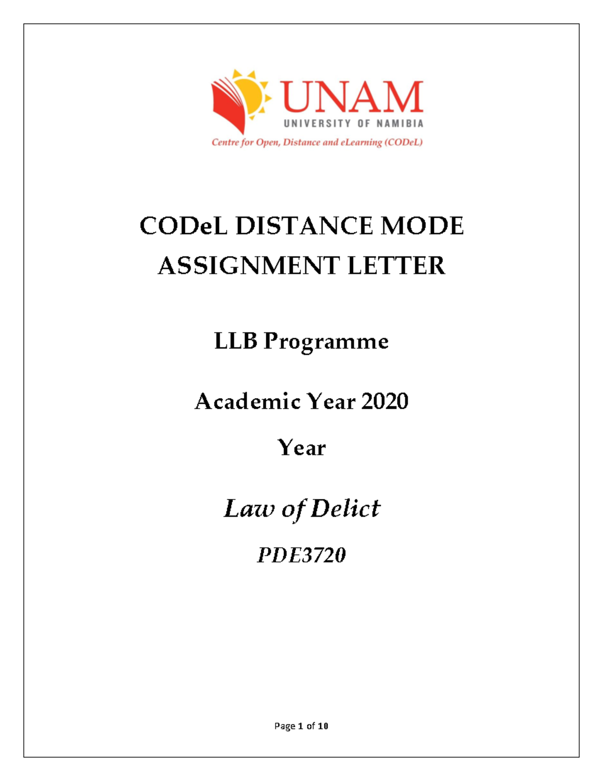 Law of Delict Assignment Tutorial Letter 2020(2) - CODeL DISTANCE MODE ...