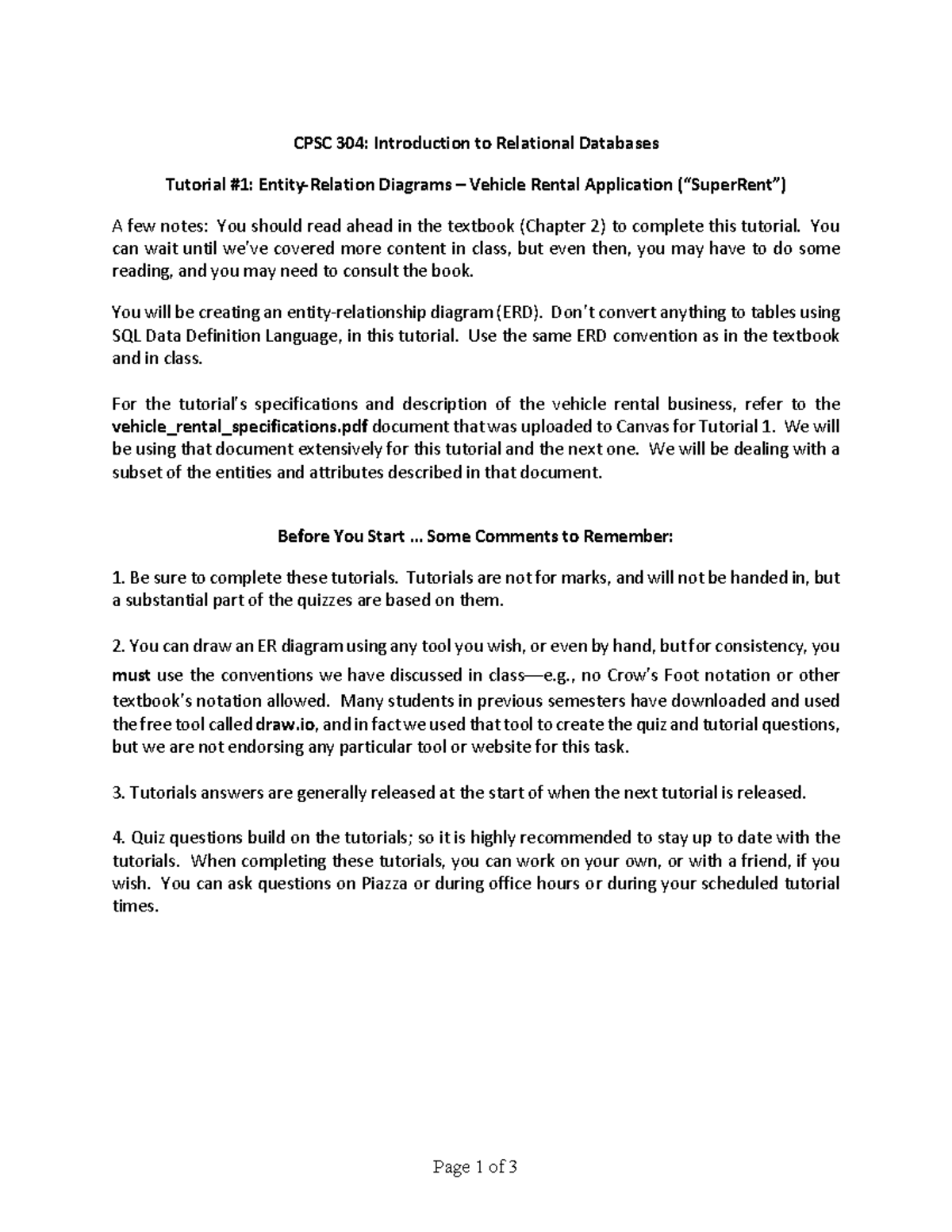 Tutorial 1 Erd Super Rent Page 1 Of 3 Cpsc 304 Introduction To