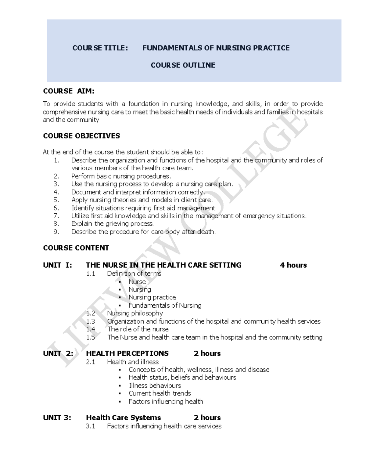 Course Outline - Fundamentals - COURSE TITLE: FUNDAMENTALS OF NURSING ...