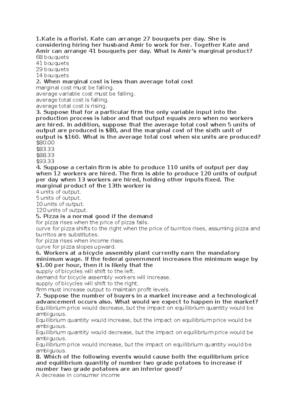Microeconomics-2024 - 1 is a florist. Kate can arrange 27 bouquets per ...