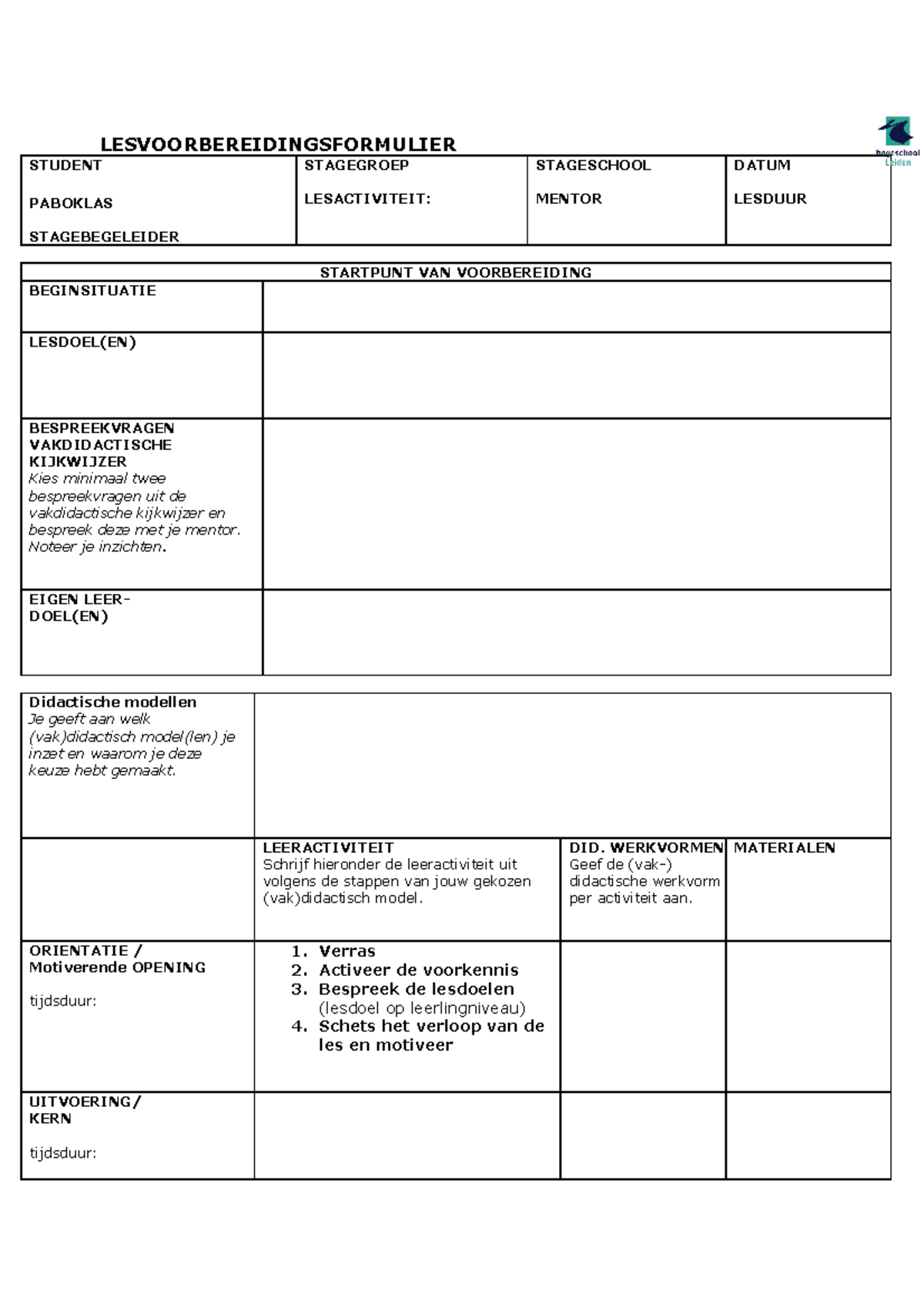 Lesvoorbereidingsformulier SO34 - LESVOORBEREIDINGSFORMULIER STUDENT ...