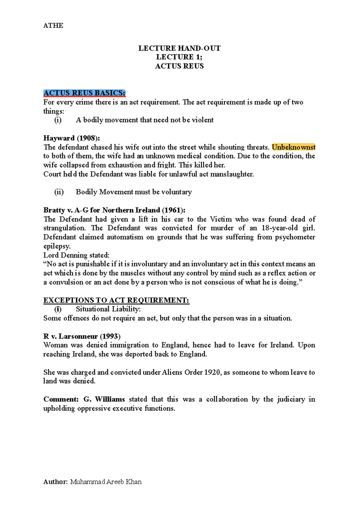 Lecture 1; Handout - Actus Reus - LECTURE HAND-OUT LECTURE 1; ACTUS ...