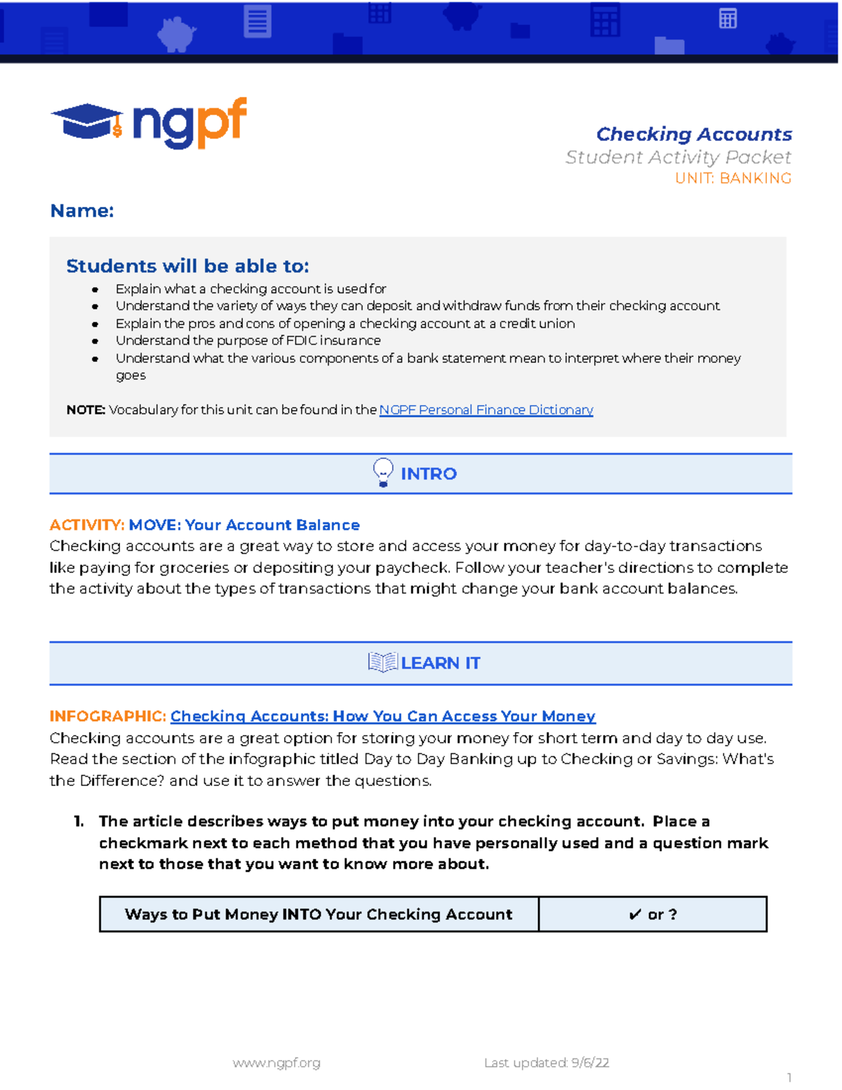 Copy of Copy of Checking Accounts Student Activity Packet - Checking ...