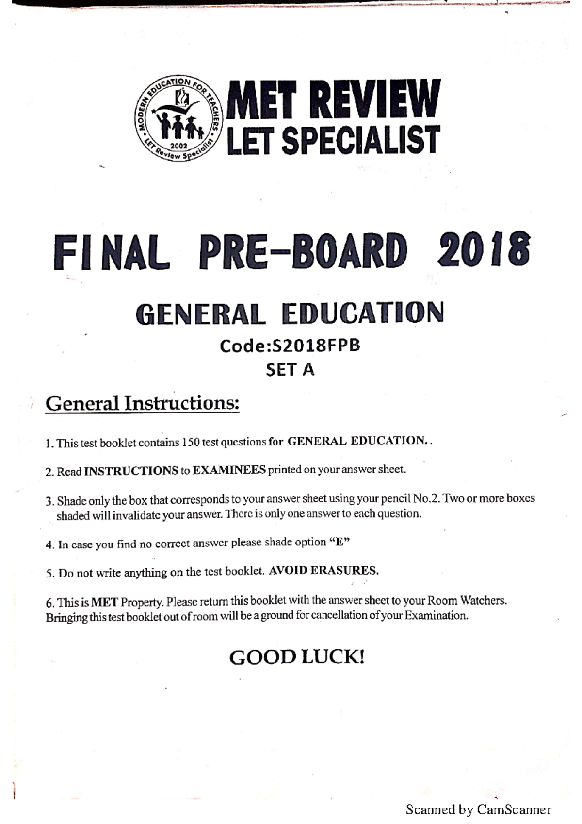 MET Final Pre Board 2018 - Education - Studocu