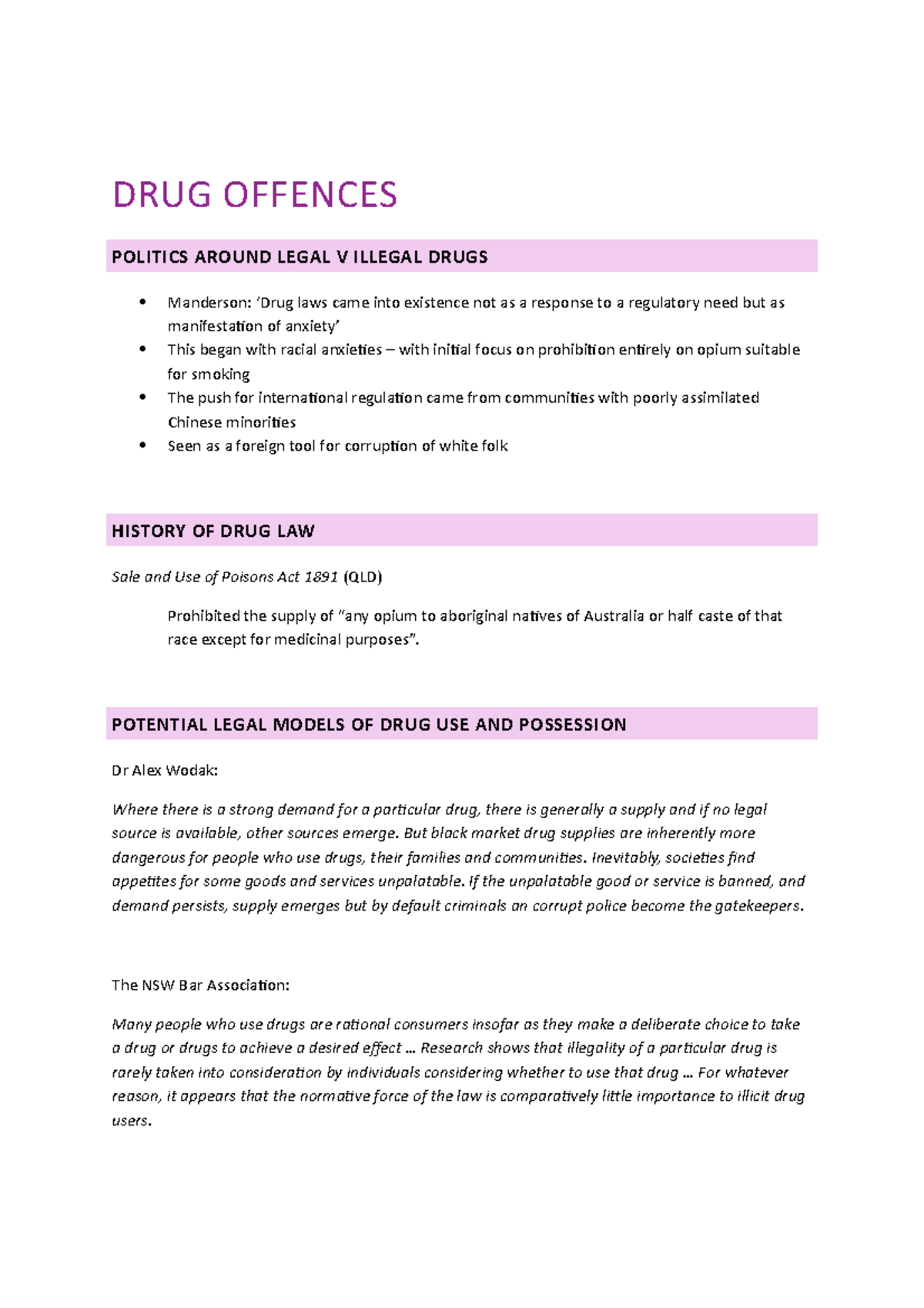 Lecture Notes - n/a - DRUG OFFENCES POLITICS AROUND LEGAL V ILLEGAL ...