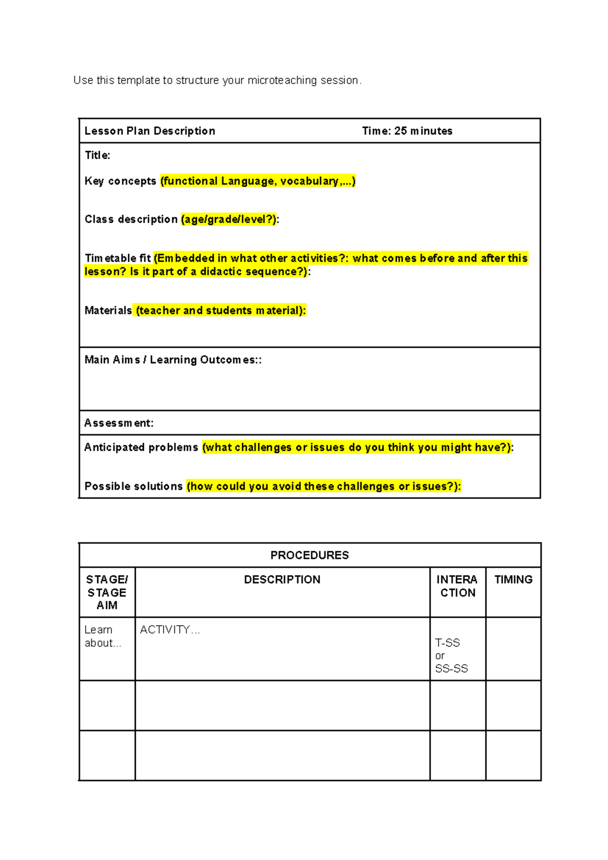 Microteaching Session Template - Use this template to structure your ...