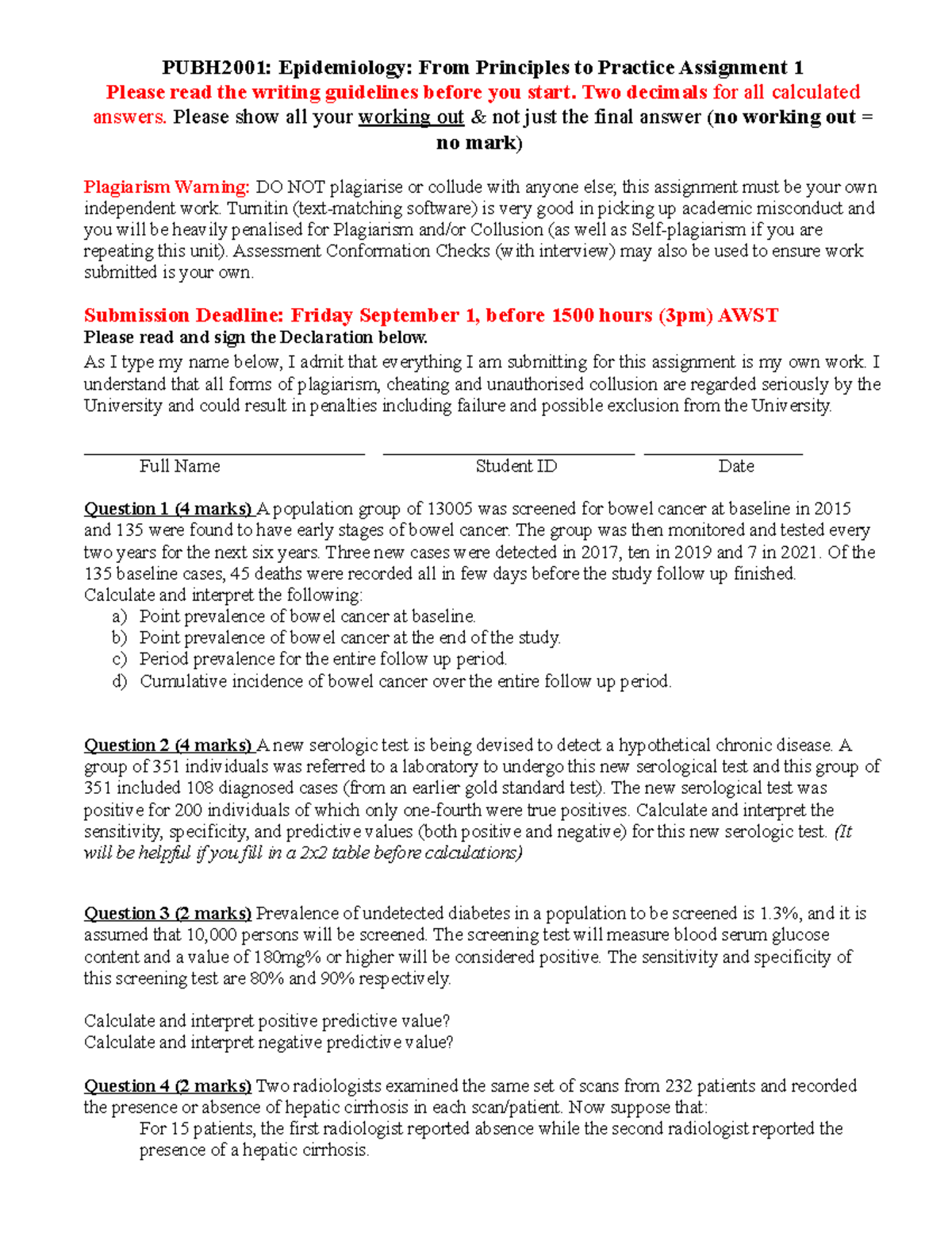 Assignment 1 Questions and Declaration - PUBH2001: Epidemiology: From Principles to Practice ...