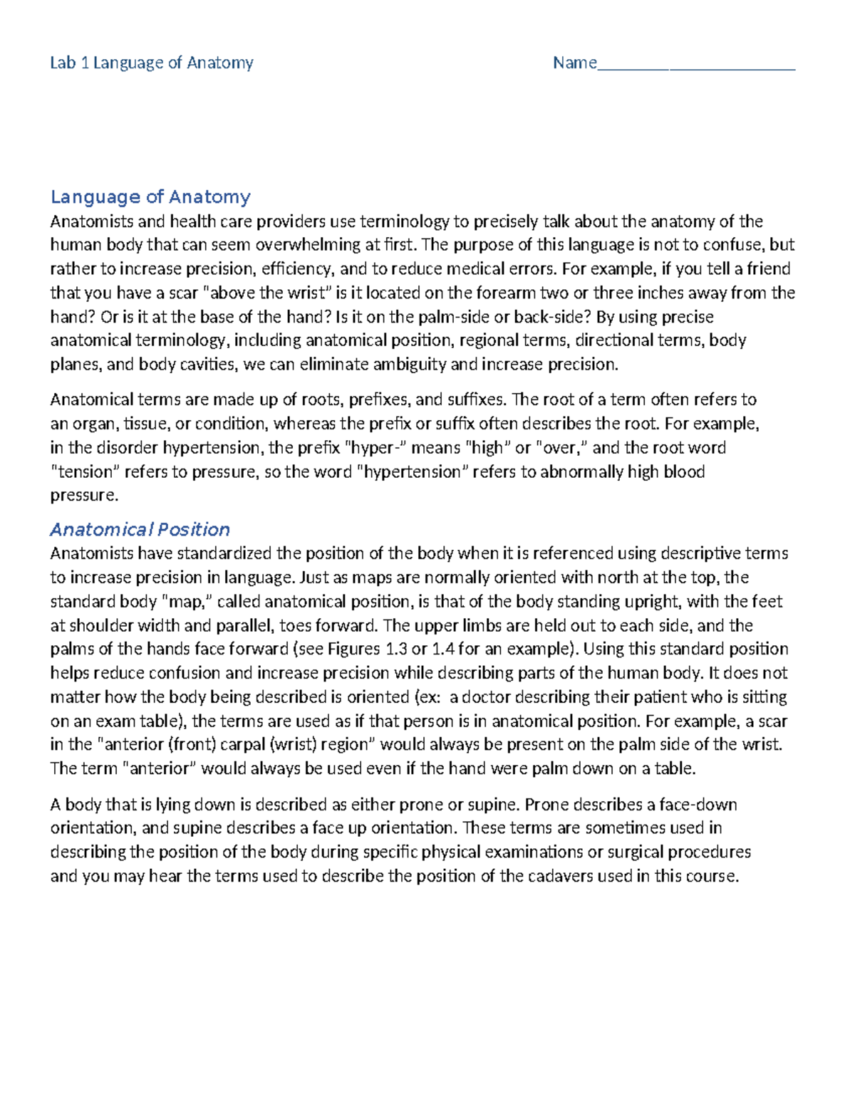Language of Anatomy Lab Woksheet - Lab 1 Language of Anatomy Name ...