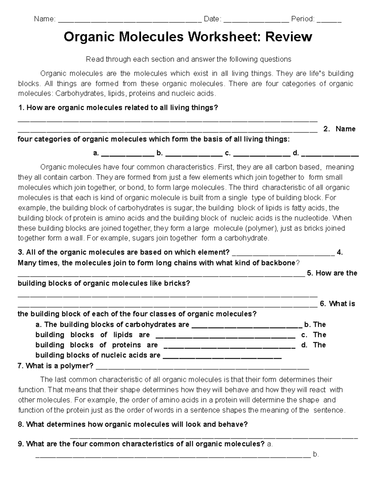Biomolecule Review Worksheet Name