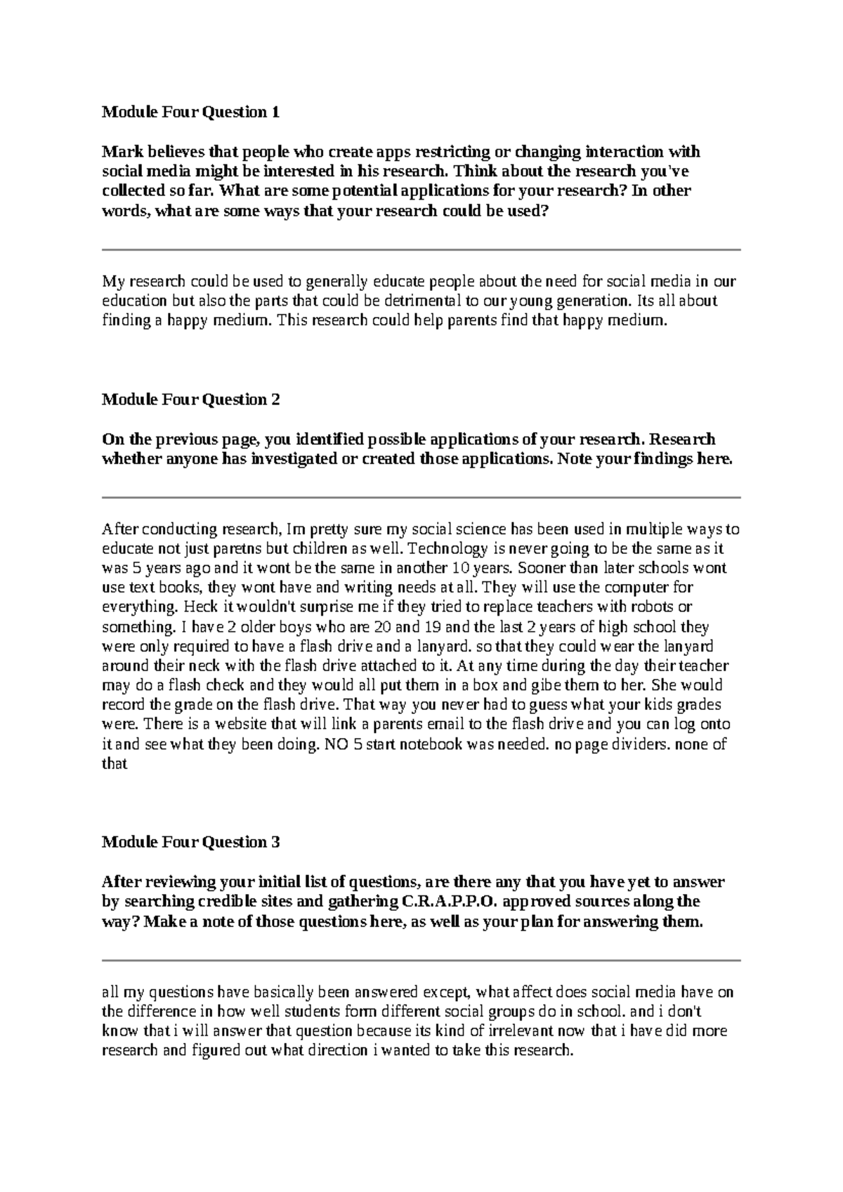 Gina hankins module 4 short answers - Module Four Question 1 Mark ...