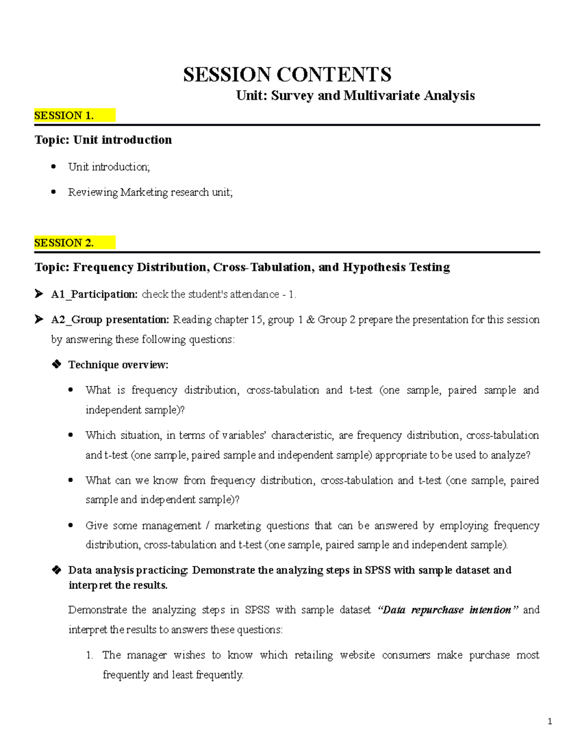 SMA - Assignment description - SESSION CONTENTS Unit: Survey and ...