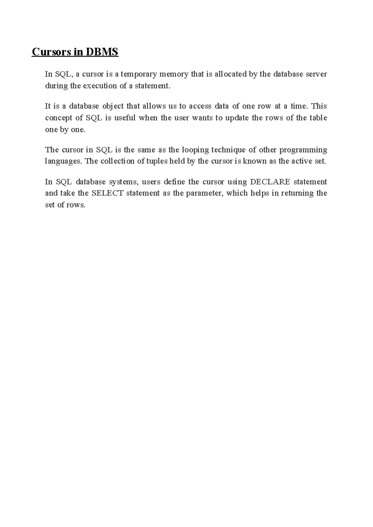 DMA Micro - Cursors in DBMS In SQL, a cursor is a temporary memory that ...