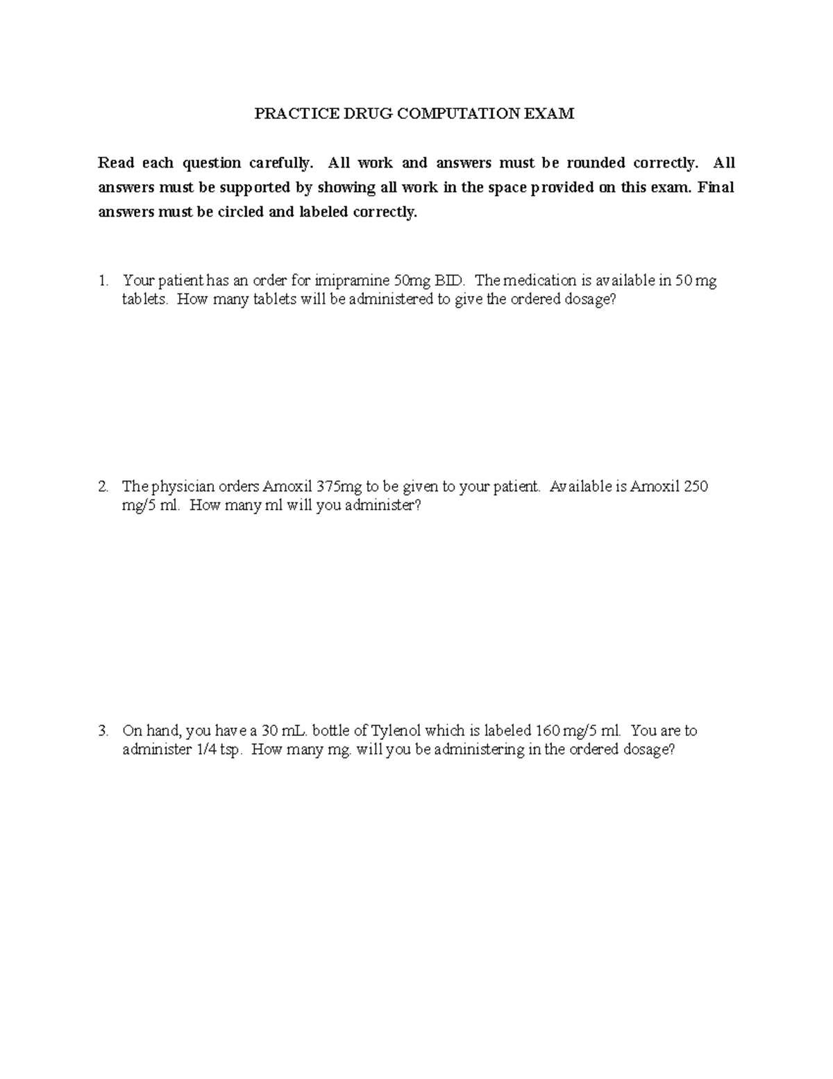 Practice for DRUG Computation EXAM - PRACTICE DRUG COMPUTATION EXAM ...