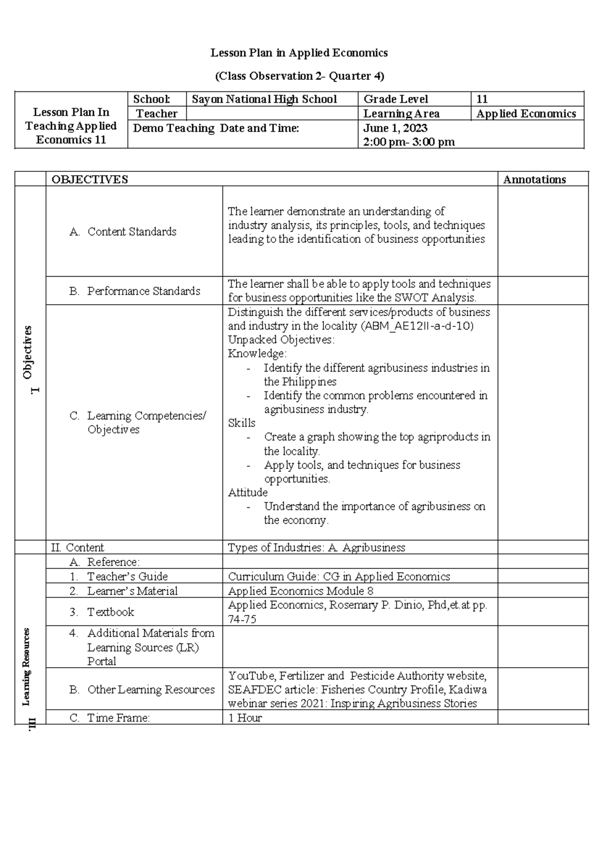 Applied Economics CO lesson plan - Lesson Plan in Applied Economics ...