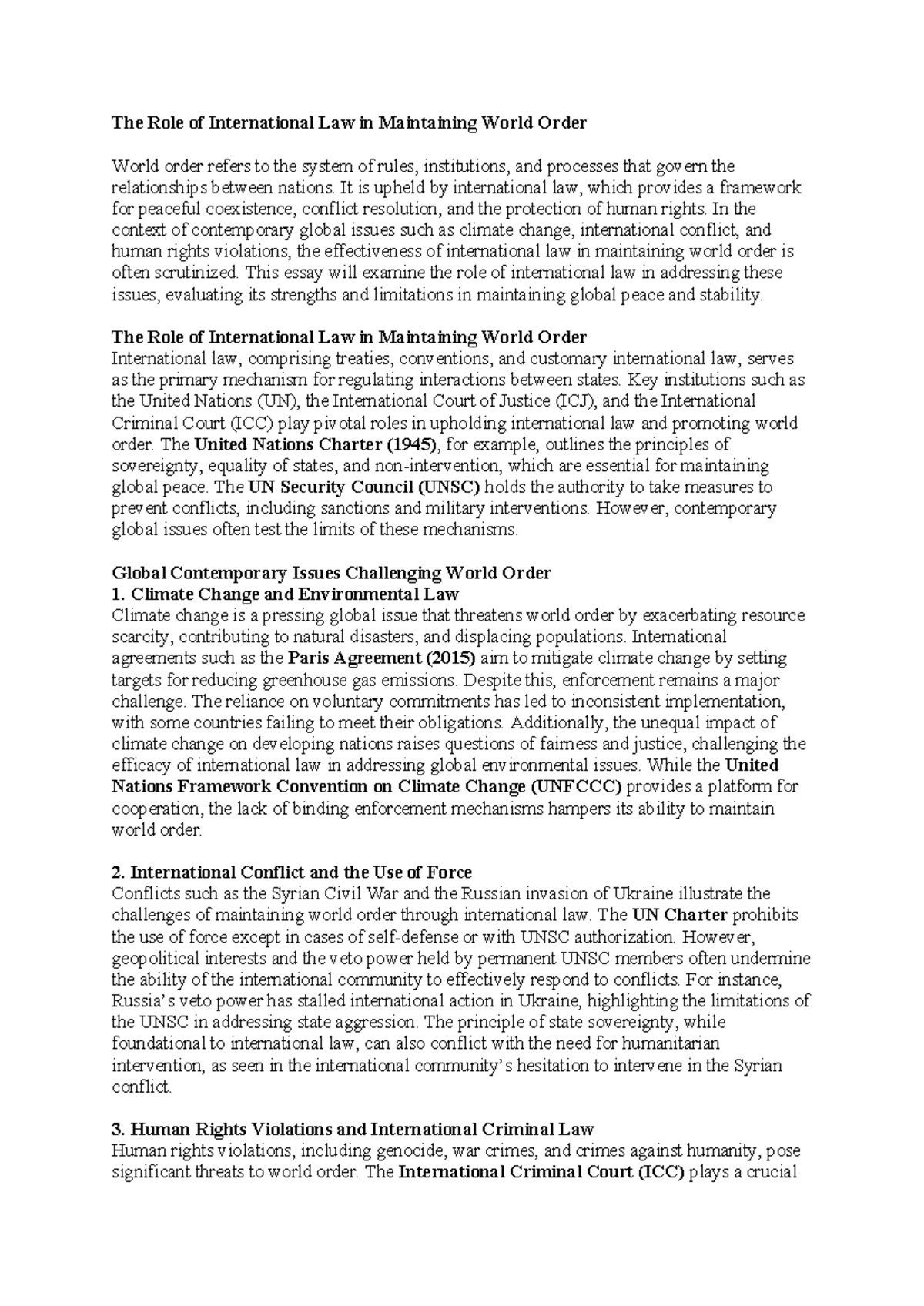 World Order Essay - Lara E - The Role of International Law in ...