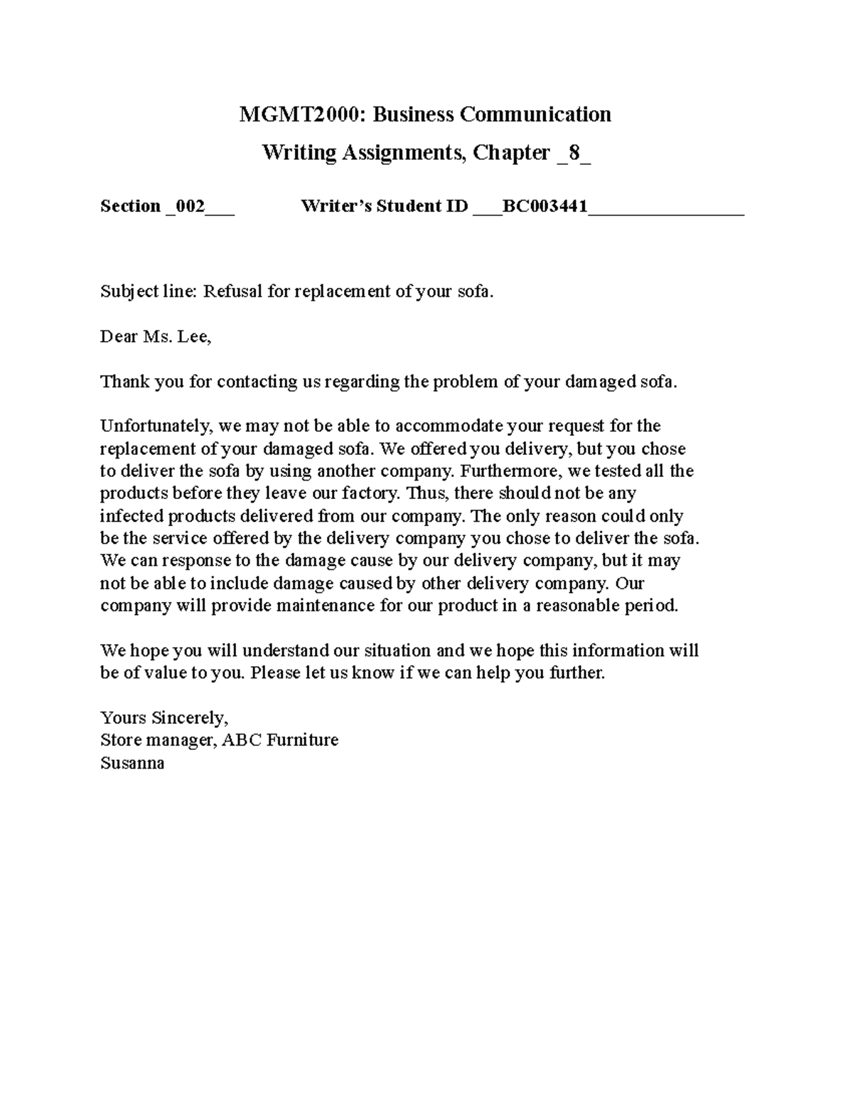 Ch 8 writing - MGMT2000: Business Communication Writing Assignments ...