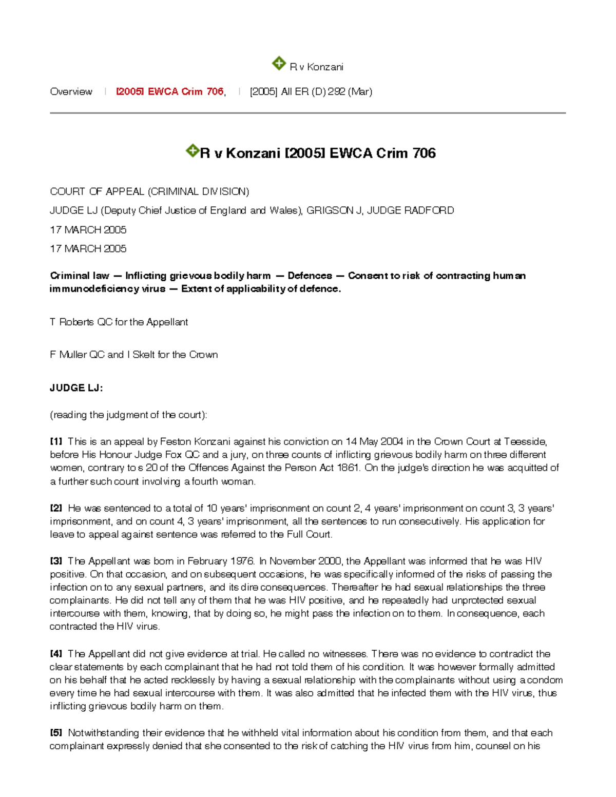 R v Konzani [2005 ] EWCA Crim 706 - R v Konzani Overview | [2005] EWCA ...